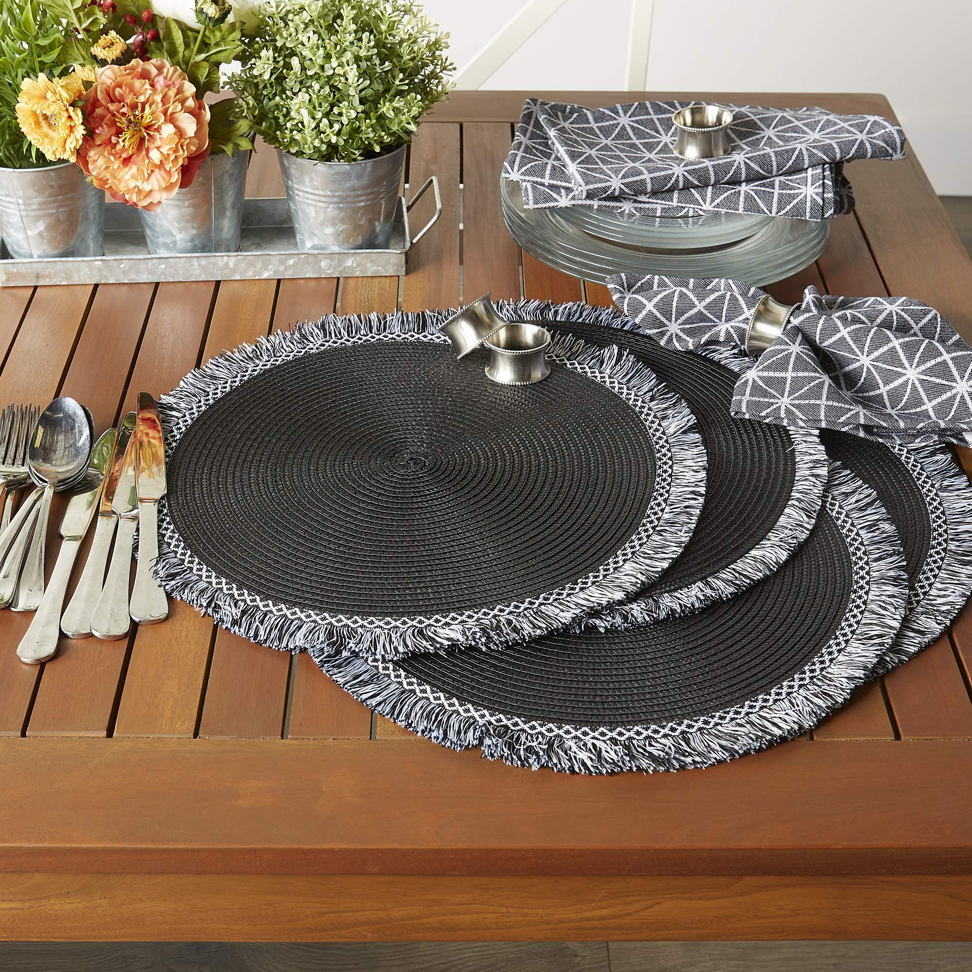 DII Woven Placemat Collection Round, 14.75" Diameter, Black Fringe, 6 Piece
