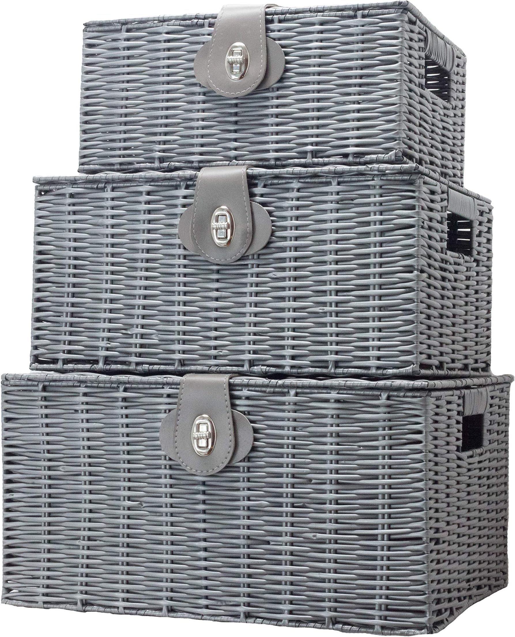 Vencier Set of 3 Resin Woven Wicker Storage Basket Box with Lid & Lock ...