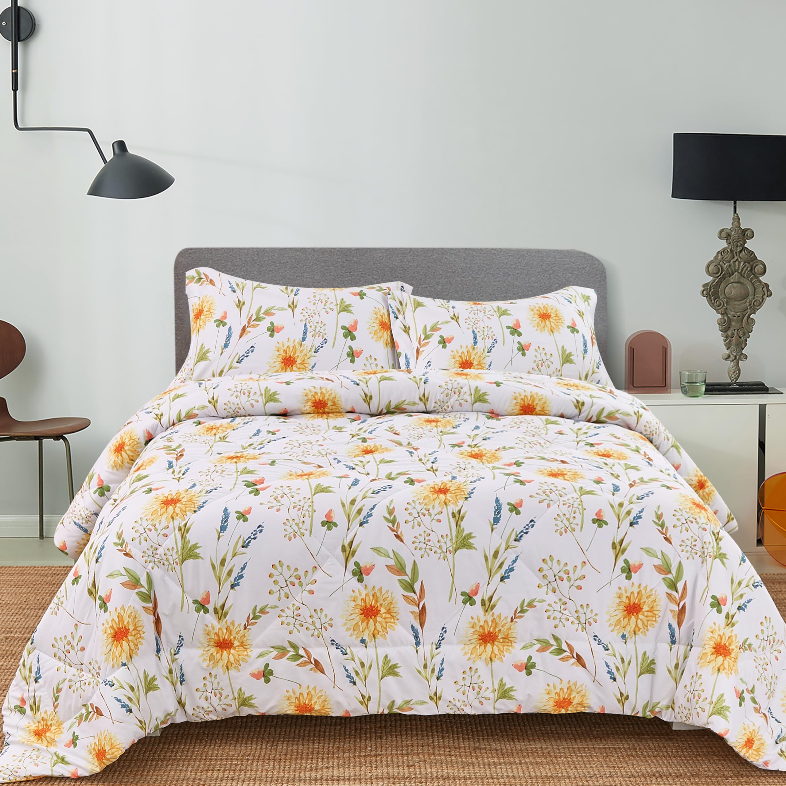Amazon.com: JSD 3 Piece Yellow Floral Print Comforter Set Queen Size ...