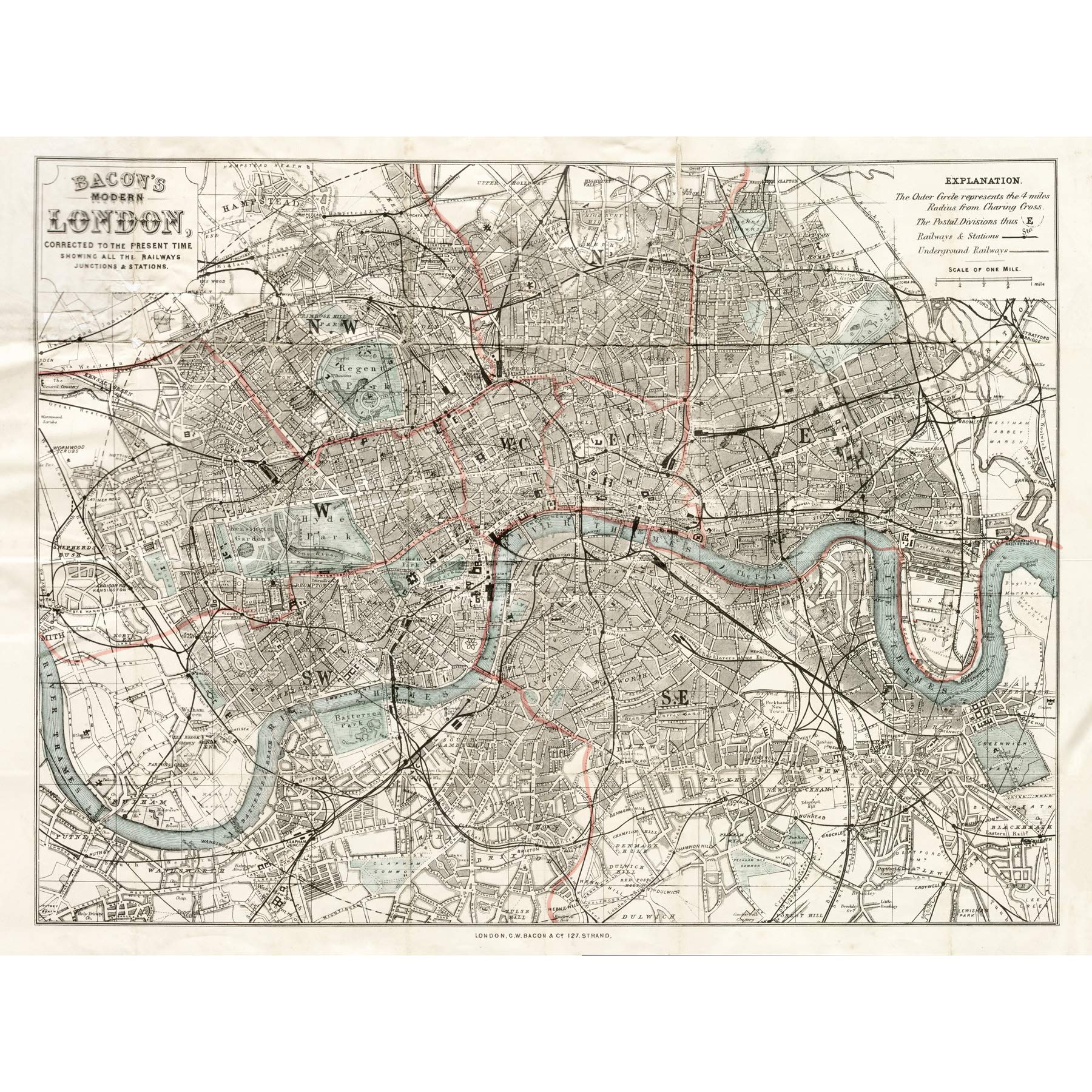 Historic Map : London, England, Bacon, 1882, Vintage Wall Art