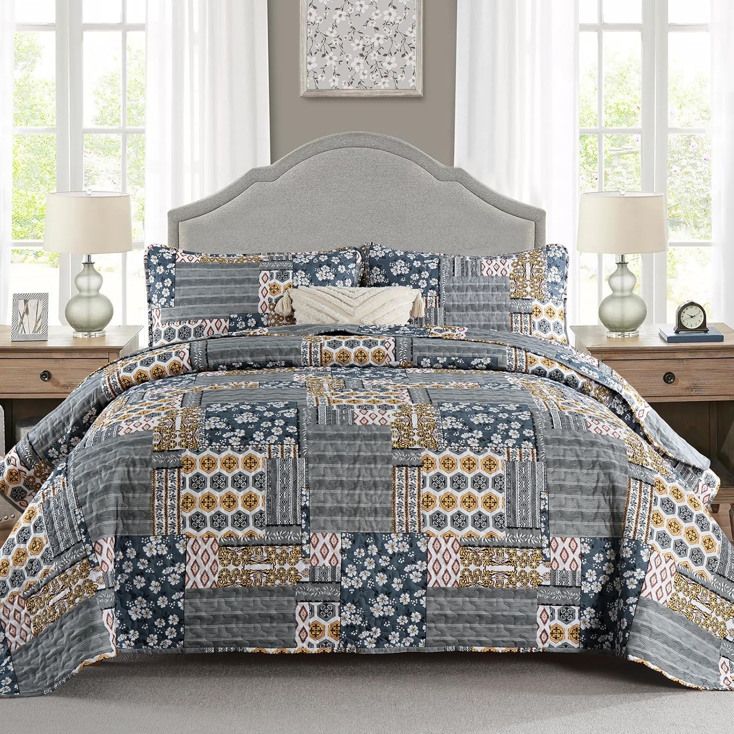Amazon.com: Mybedsoul Dark Grey Quilt Set Queen Size, 3 Pieces Plaid ...