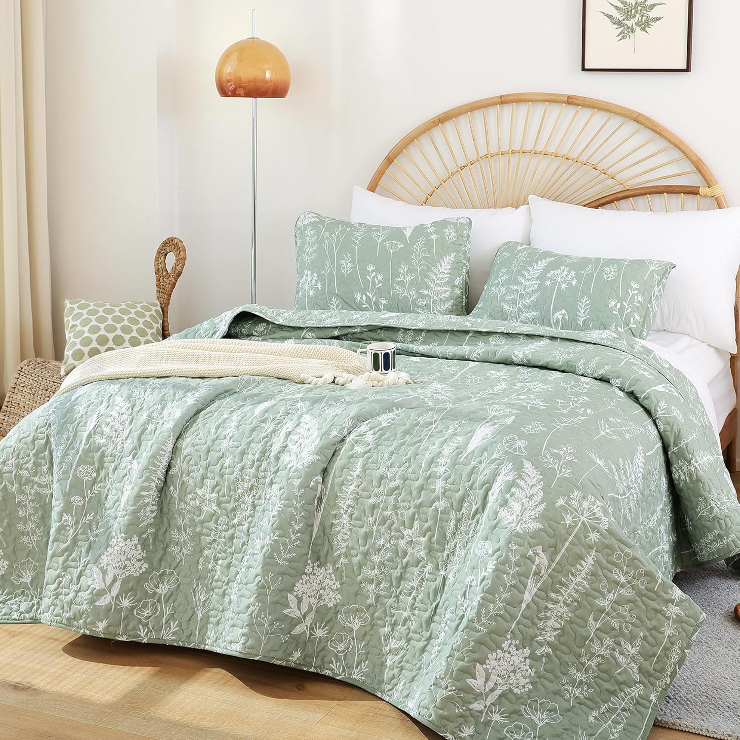 Amazon.com: JANZAA Quilt King Size Sage Green Quilt Bed Spread Boho ...