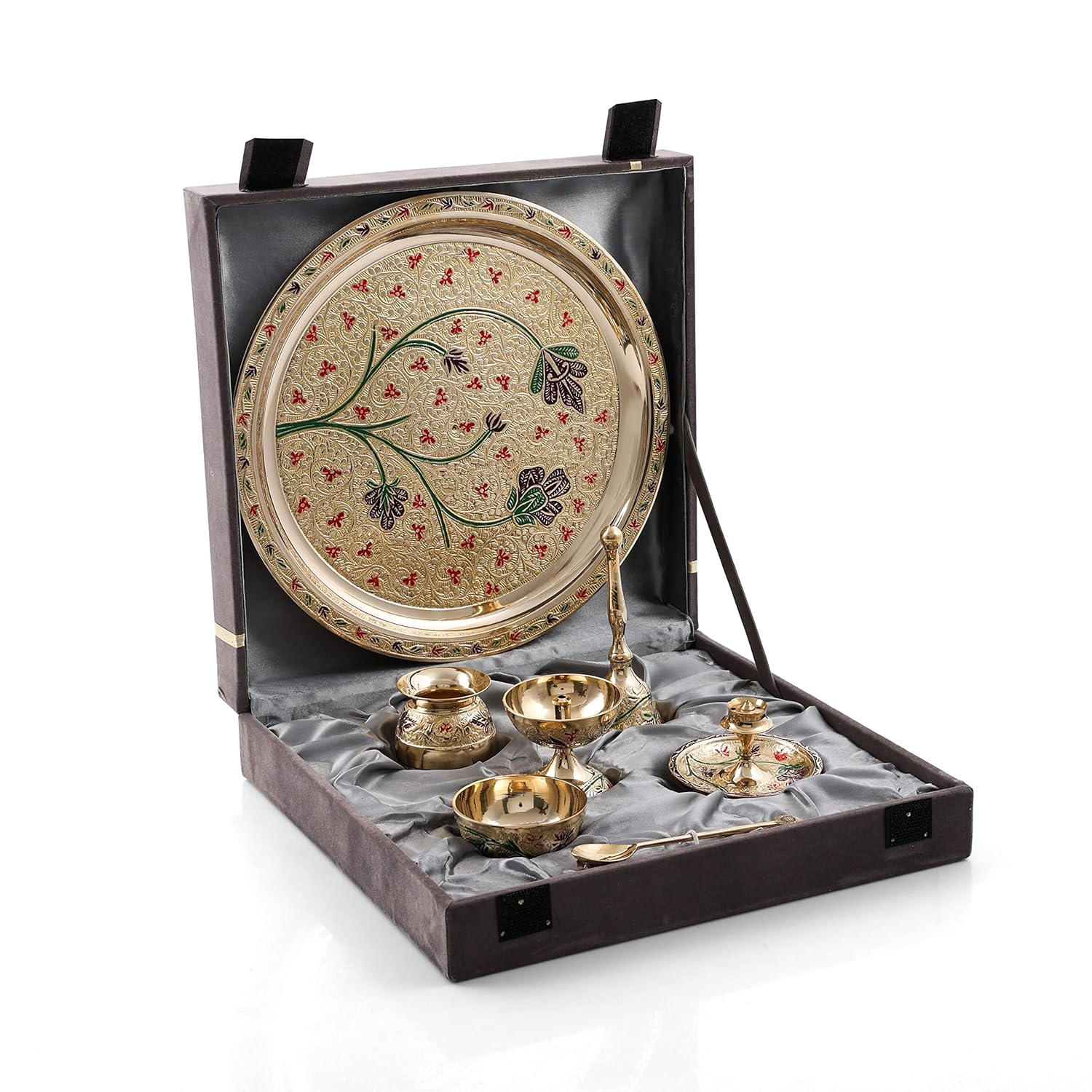 Brass Globe Pooja Set | Meenakari Pooja (Set of 7)|10inch Colour Based ...