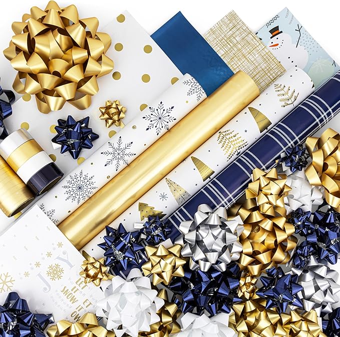Amazon.com: 60 Piece Elegant LUXE Blue/Gold Reversible Christmas ...