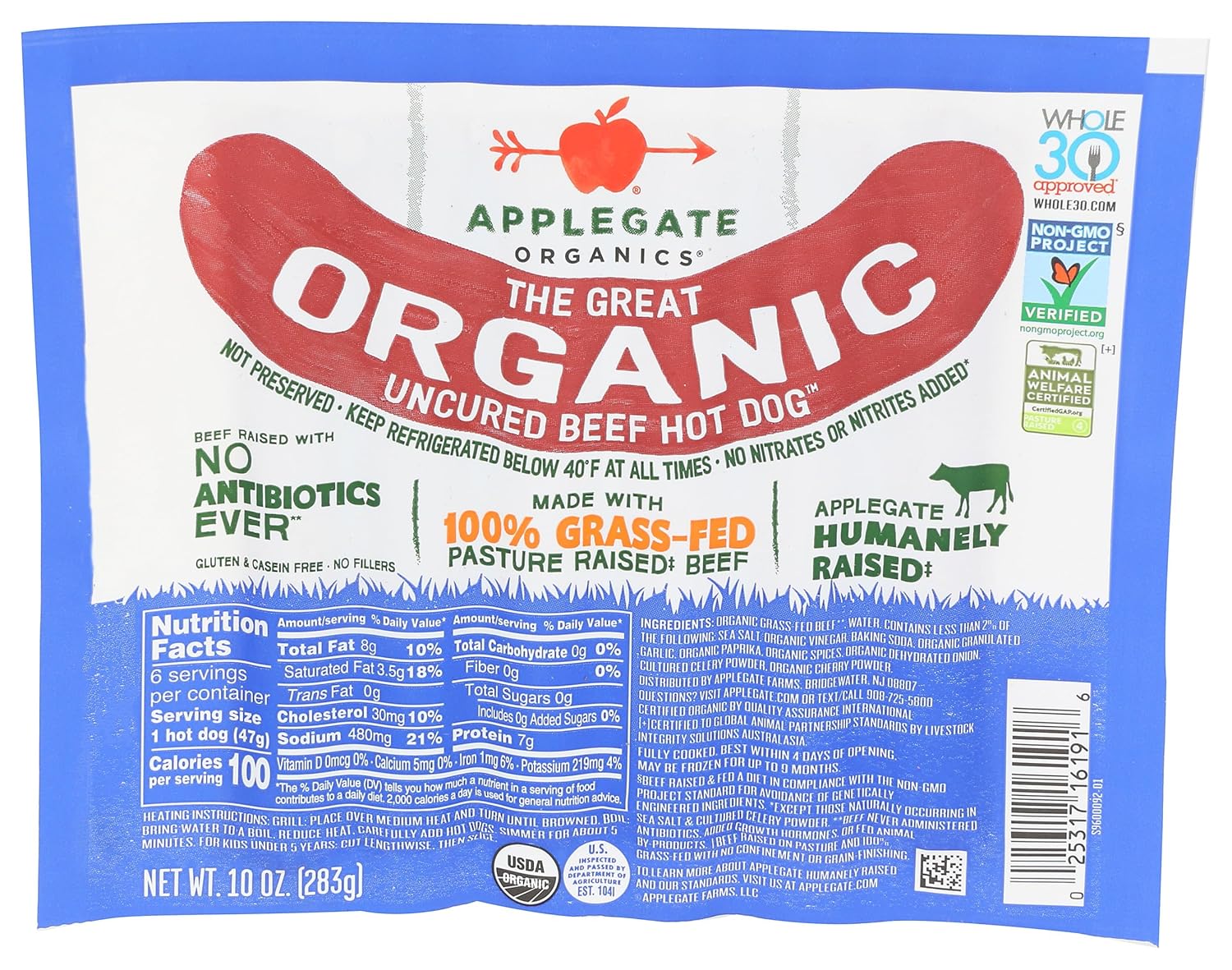 Amazon.com: Applegate Farms Organic Uncured Beef Hot Dogs, 10 OZ ...