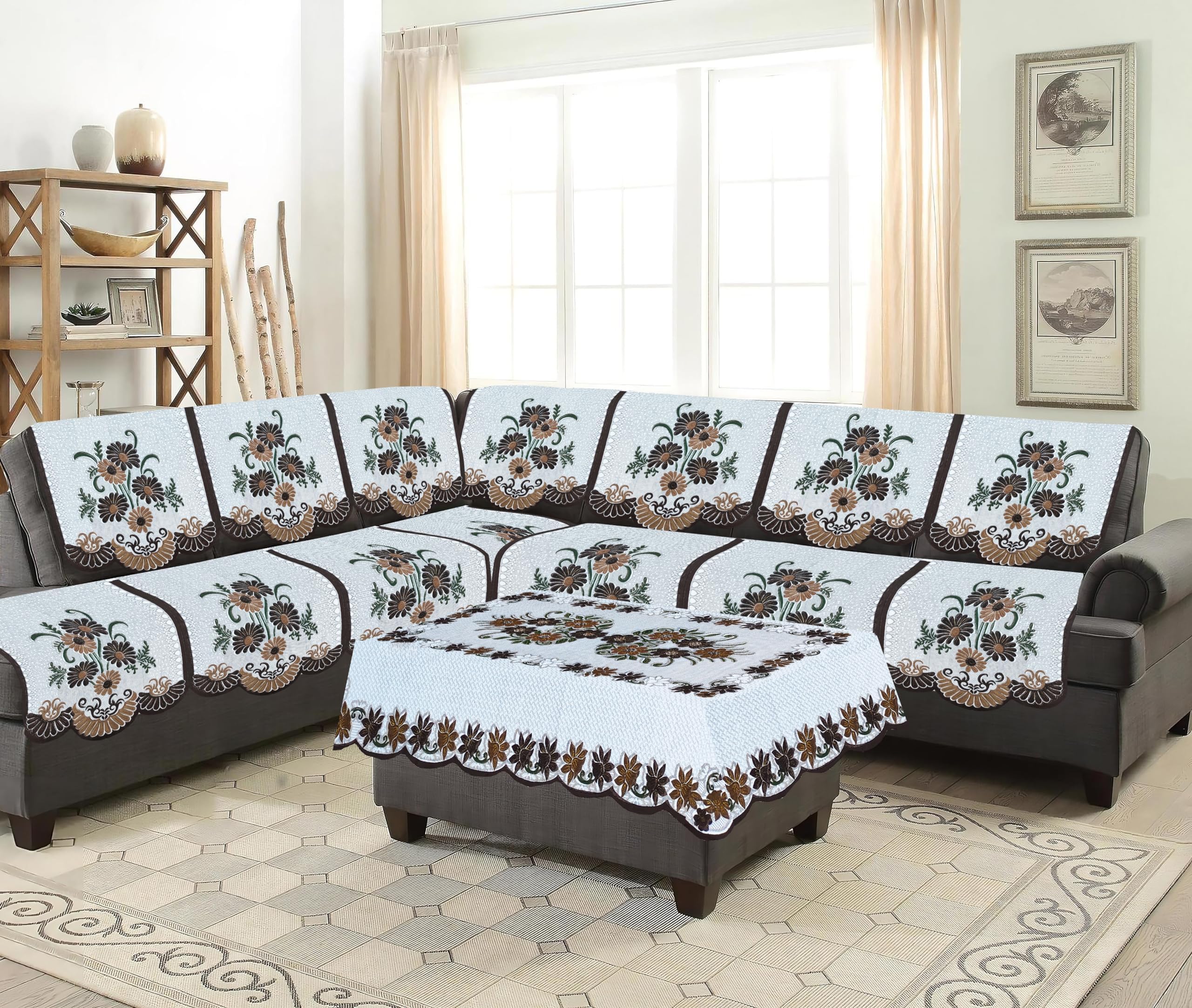 BALLEY Floral Design L Shape net Sofa Cover 7 Seater Sofa Cover with ...