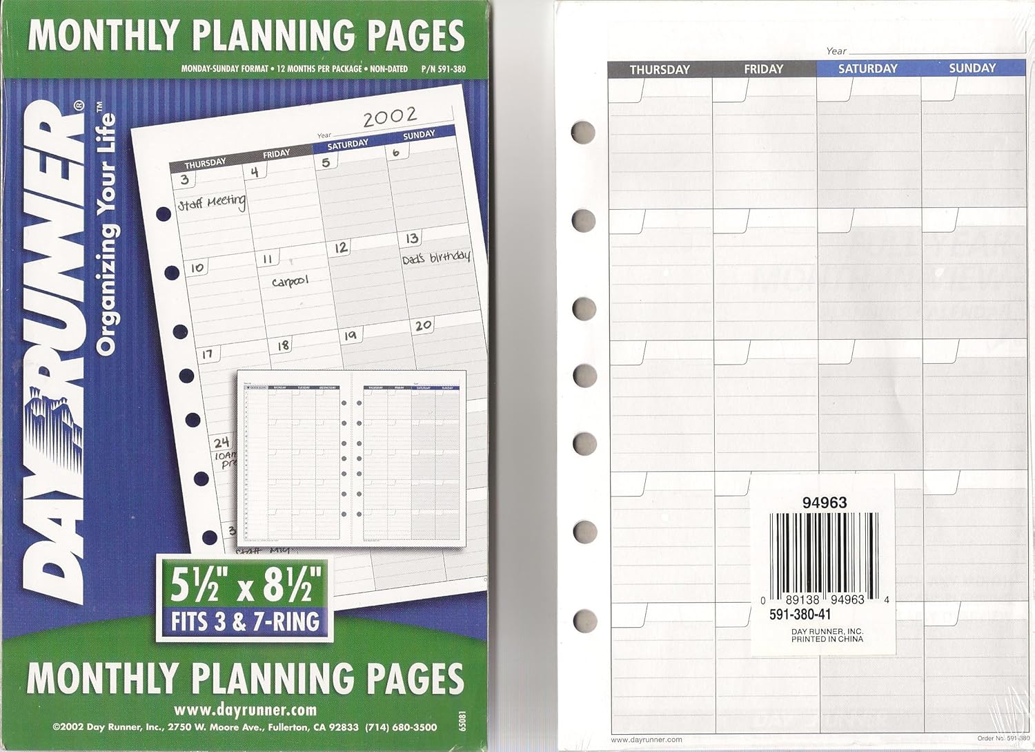 Amazon.com : DAY RUNNER NON DATED MONTHLY PLANNING PAGES REFILL ...