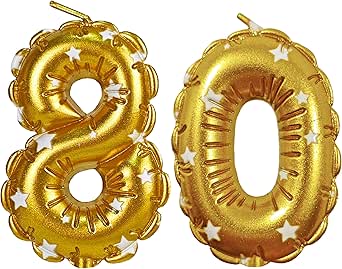 Amazon.com: Gold Birthday Number 80 Candles Gold Stars Balloon Shaped ...