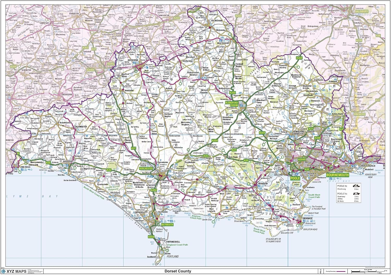 XYZ Maps Dorset County Map - 47" x 33.25" Rolled Canvas : Amazon.co.uk ...