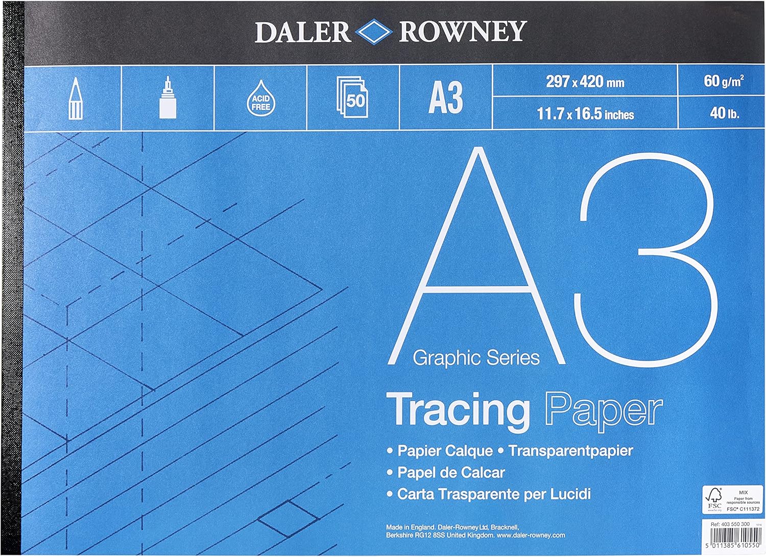 Daler-Rowney Graphic Series A3 60gsm Tracing Paper Pad, 50 Sheets, Acid ...
