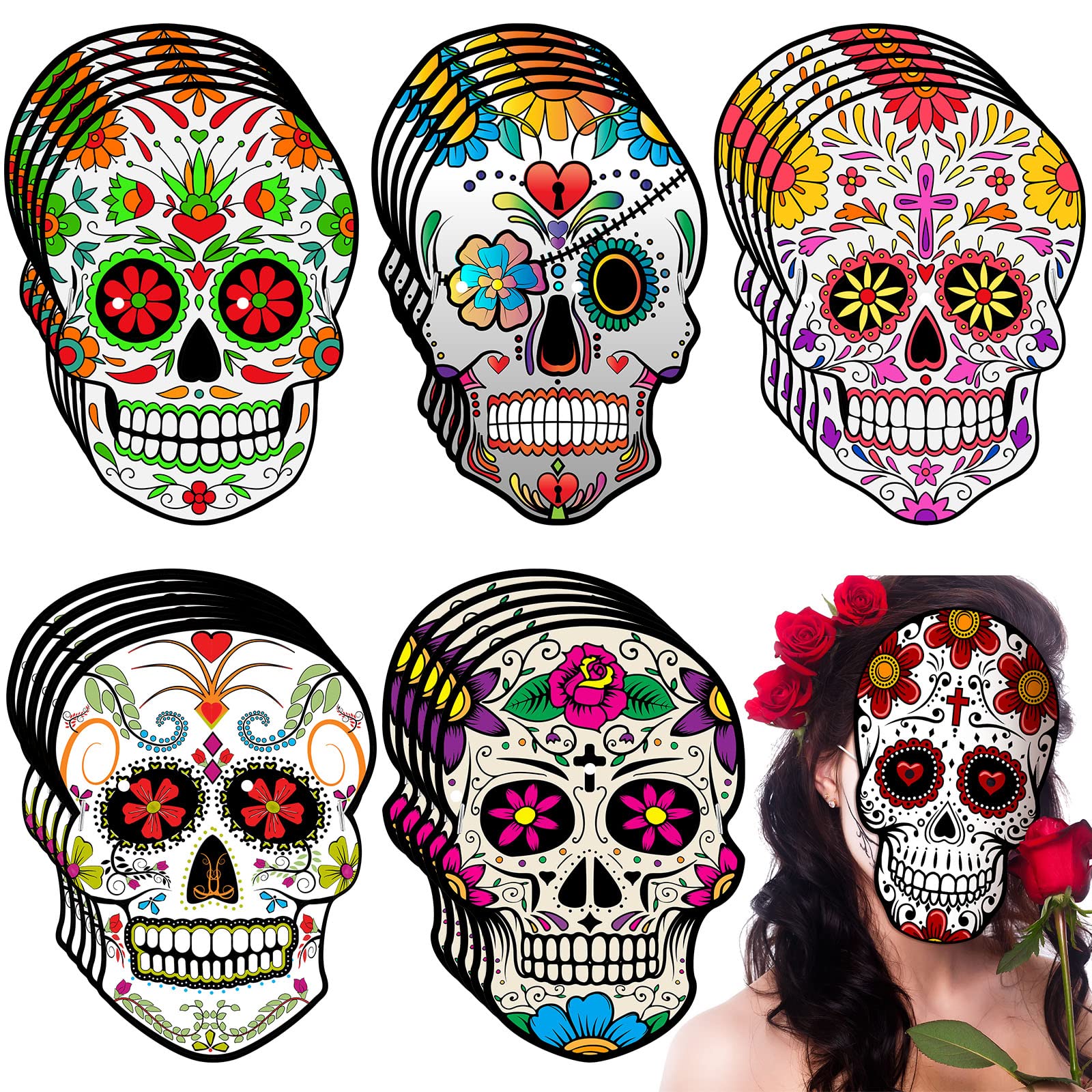 Amazon.com: Spiareal 30 Pcs Sugar Skull Mask Paper Masquerade Mask Day ...