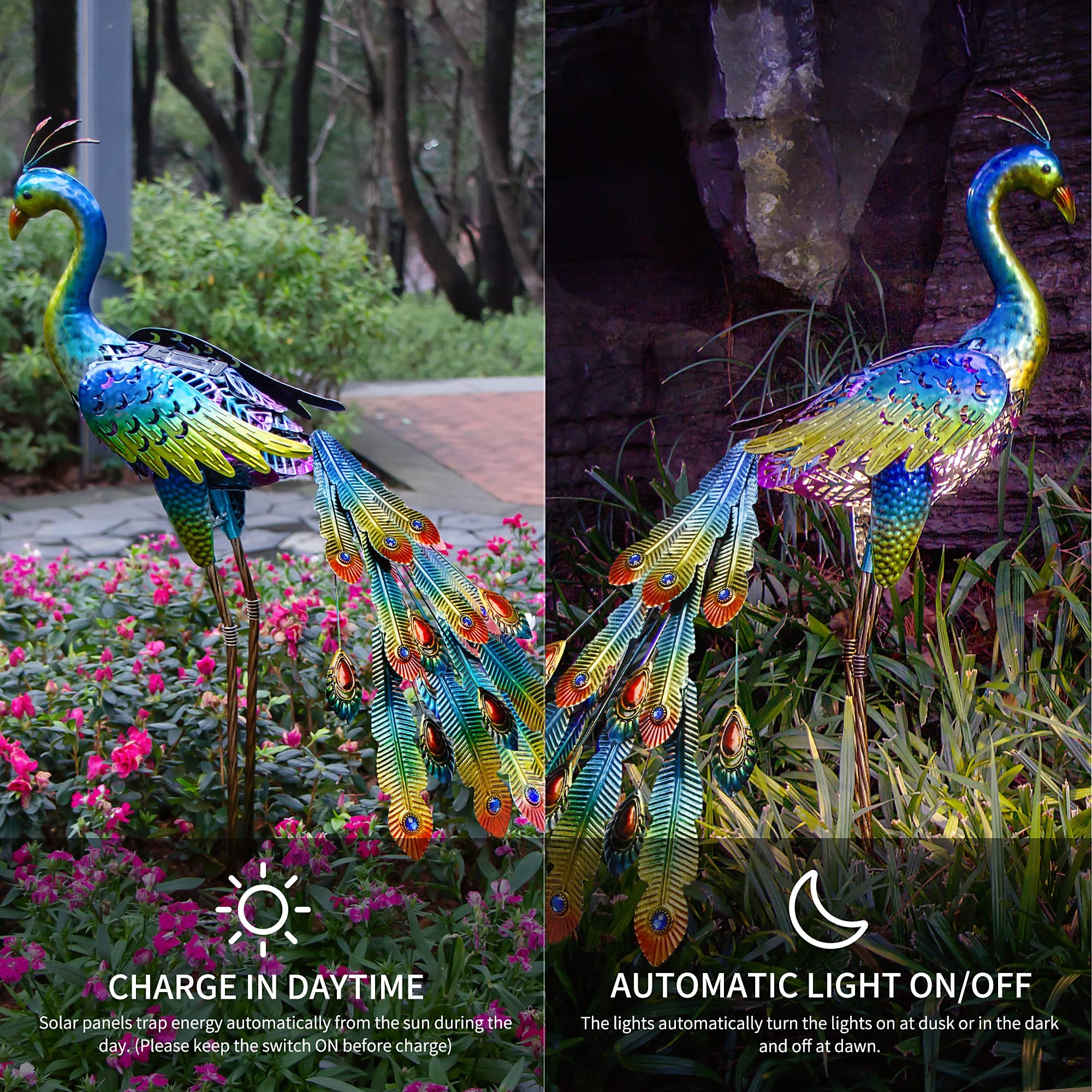 Glintoper Metal Peacocks Solar Garden Decor Outdoor Statues Sculptures ...