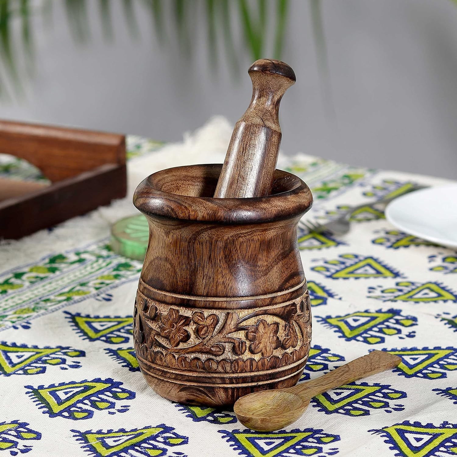 Amazon.com: Shilppam Wooden Handmade okhli/Mortar and Pestle Set with ...