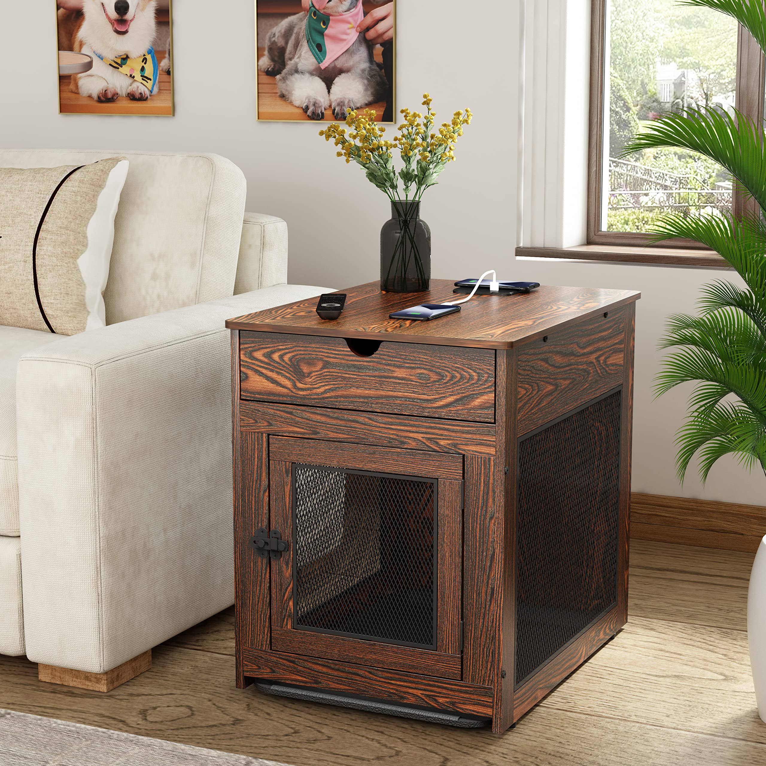 Buy Piskyet Wooden Dog Crate with Storage Drawer&Pad&Tray, Support ...