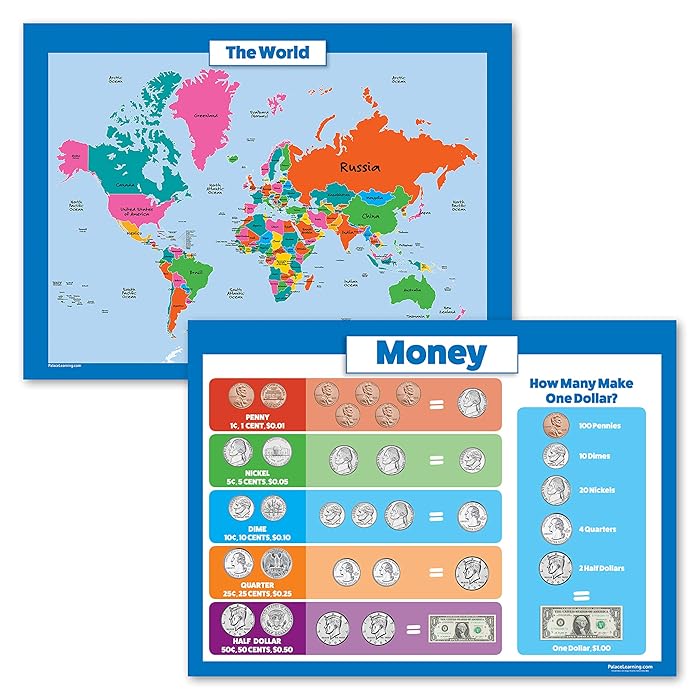 Buy 2 Pack - World Map for Kids & Money Poster Set - Map of The World ...