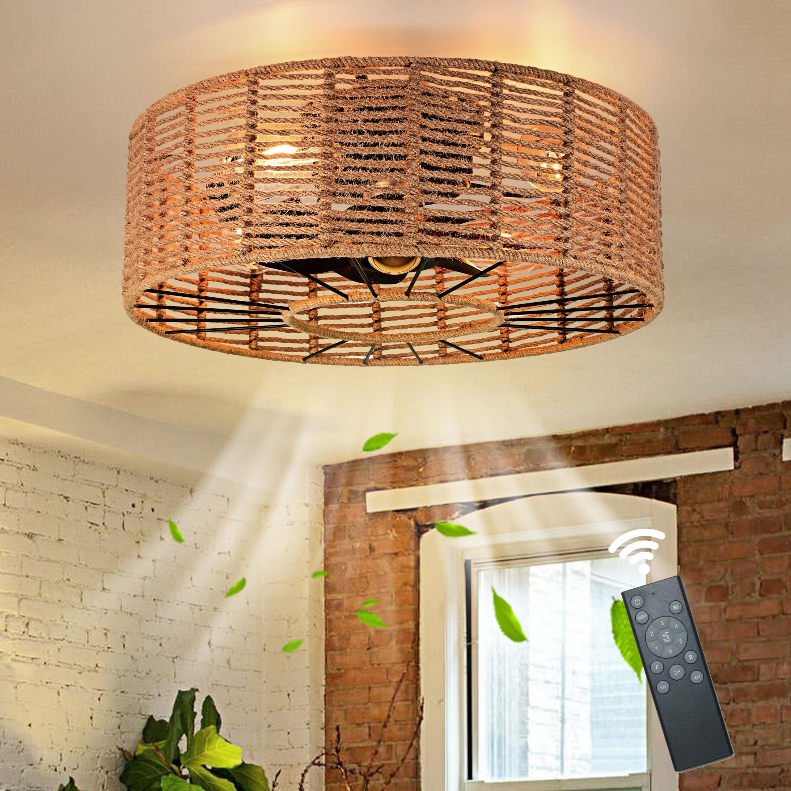 Ayshwilldec Caged Ceiling Fan with Light Hemp Rope Boho Ceiling Fan Low ...