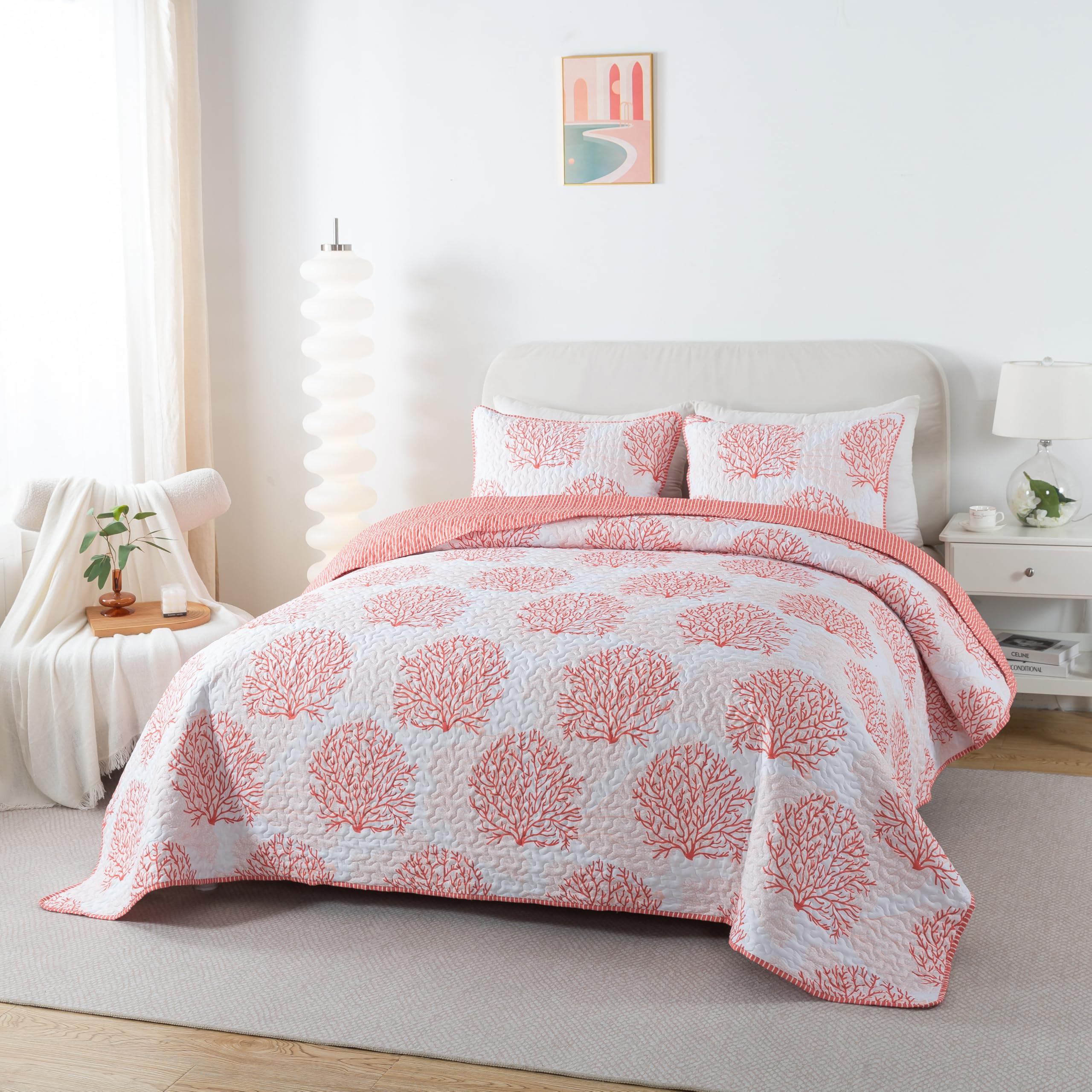 Coral Color Sea Design Quilts Modern Ocean Themed Quilt Pattern: