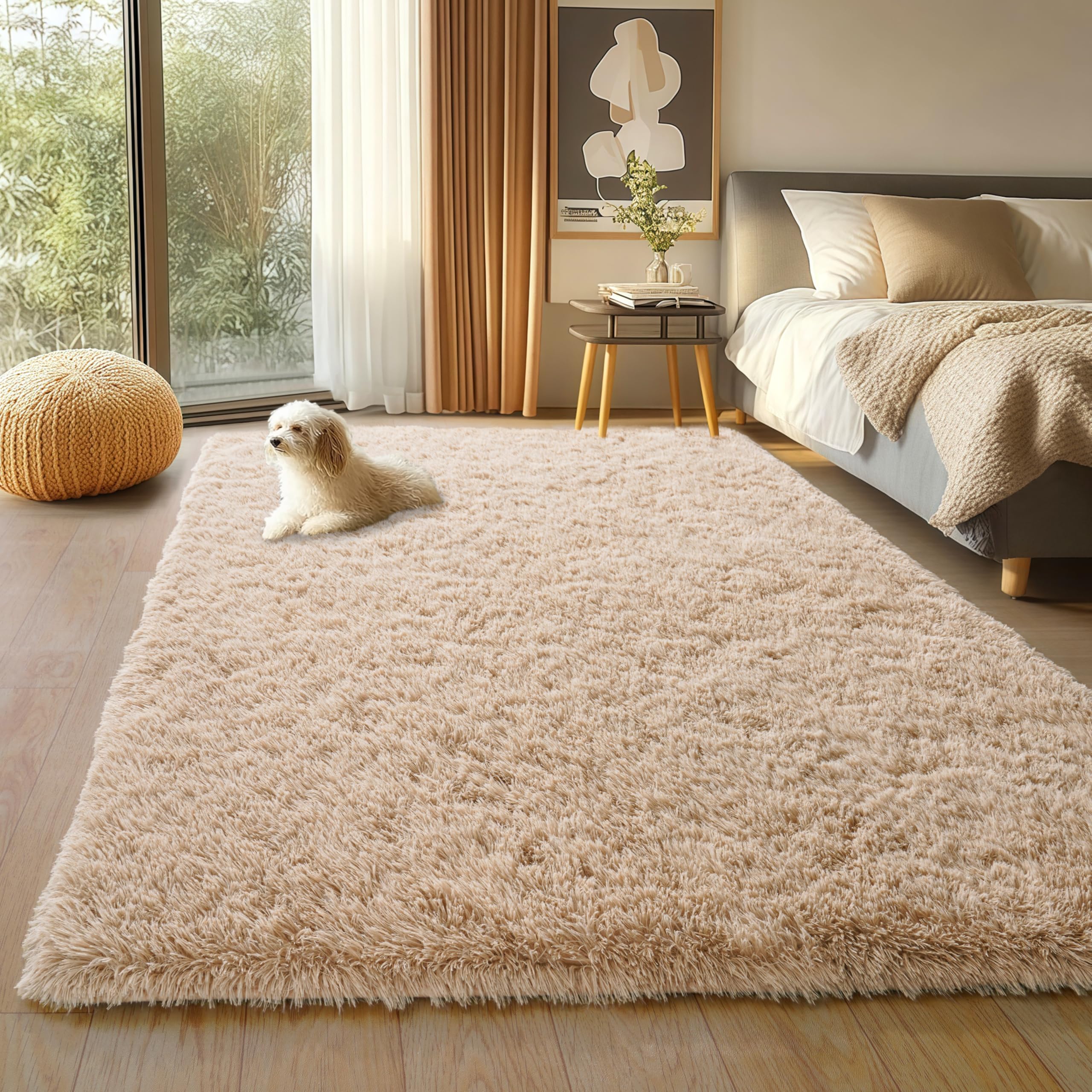 Amazon.com: plumlik Beige Fluffy Rug for Bedroom, 4x5.9 Feet Neutral ...