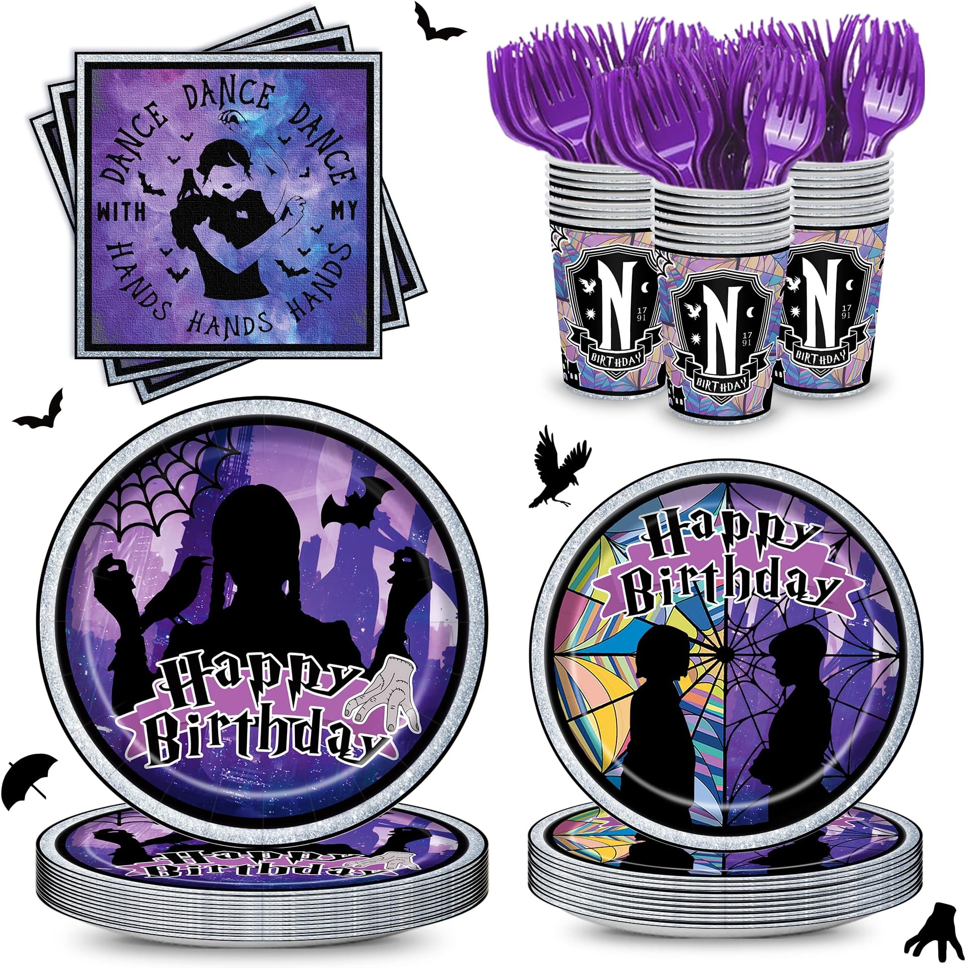 Amazon.com: 96 Pcs Wednesday Plates and Napkins Party Supplies Gothic ...