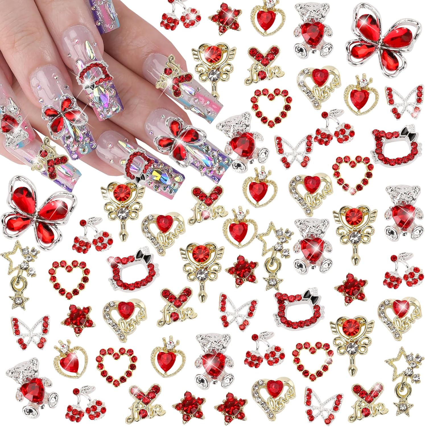 Amazon.com: COOSLIM 24PCS Red Nail Charms Y2k Alloy Nail Art Rhinestone ...
