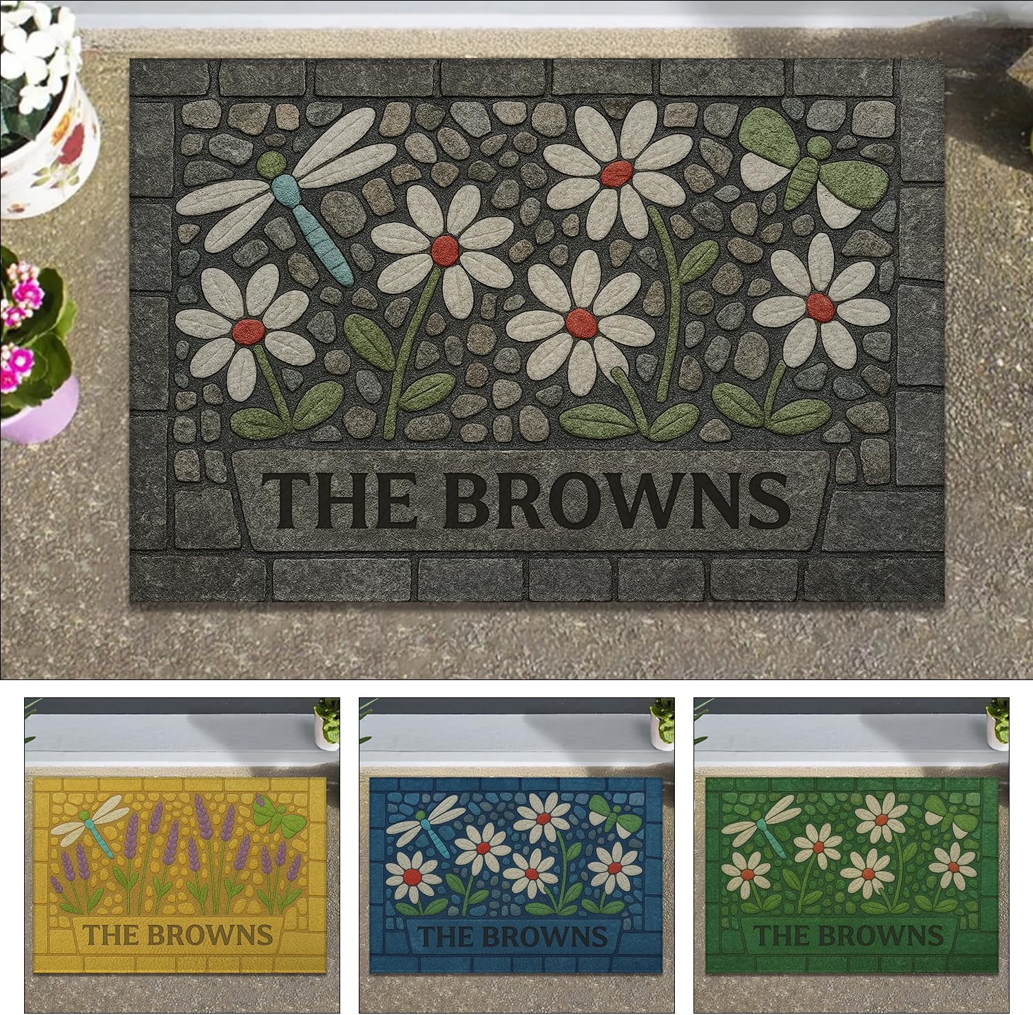 Amazon.com: Personalized Non-Slip Daisy Dragonfly Doormat – Custom Name ...