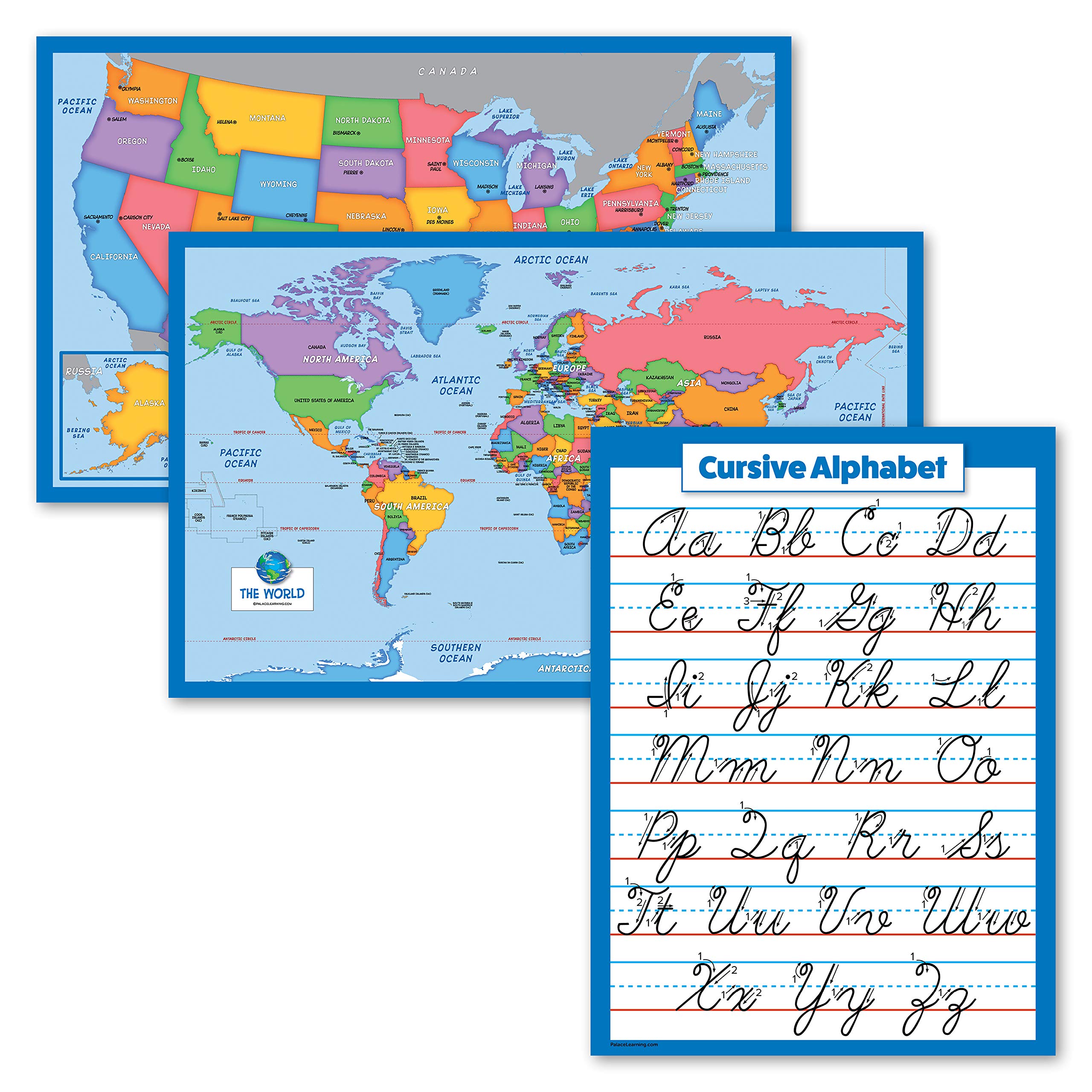 Buy 3 Pack - World & USA for Kids + ABC Alphabet Cursive Chart - 3 Set ...