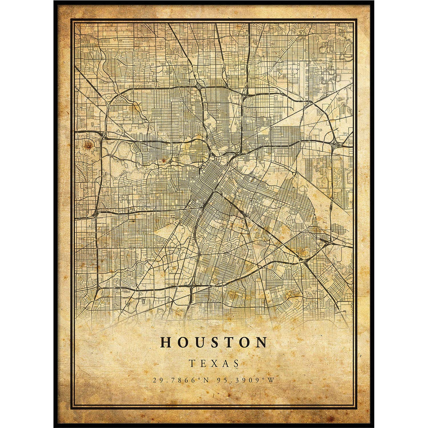Houston Texas - Street Map of Houston - Vintage Houston - Big Wall Map ...