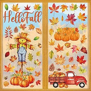 Amazon.com: 9 Sheets Autumn Window Stickers, Scarecrow Maple Leaves ...