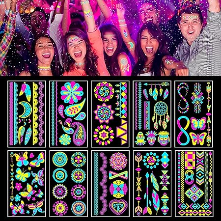 Amazon.com : Temporary Tattoos Glow In The Dark Party Supplies Uv Neon ...
