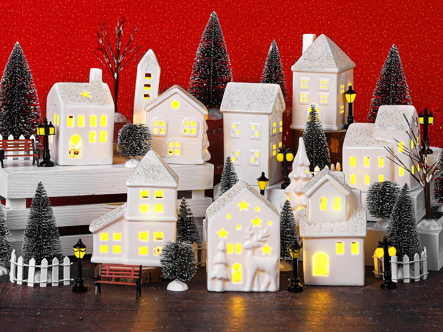 Amazon.com: Fovths 42 Pieces Porcelain Christmas Village Set 9 Lighted ...