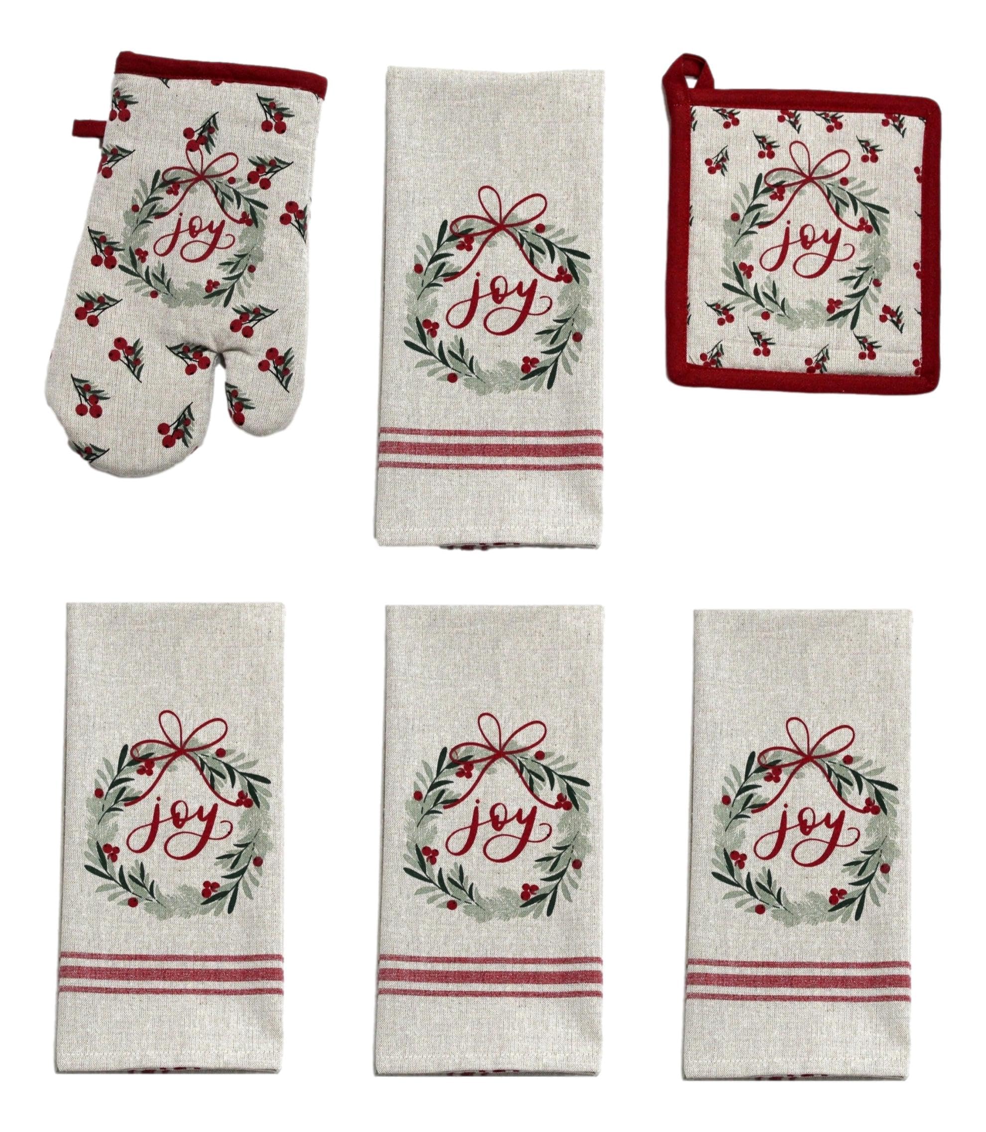 Amazon.com: Joy Wreath Christmas Kitchen Set, 6 Piece, 4 Tea Towels ...