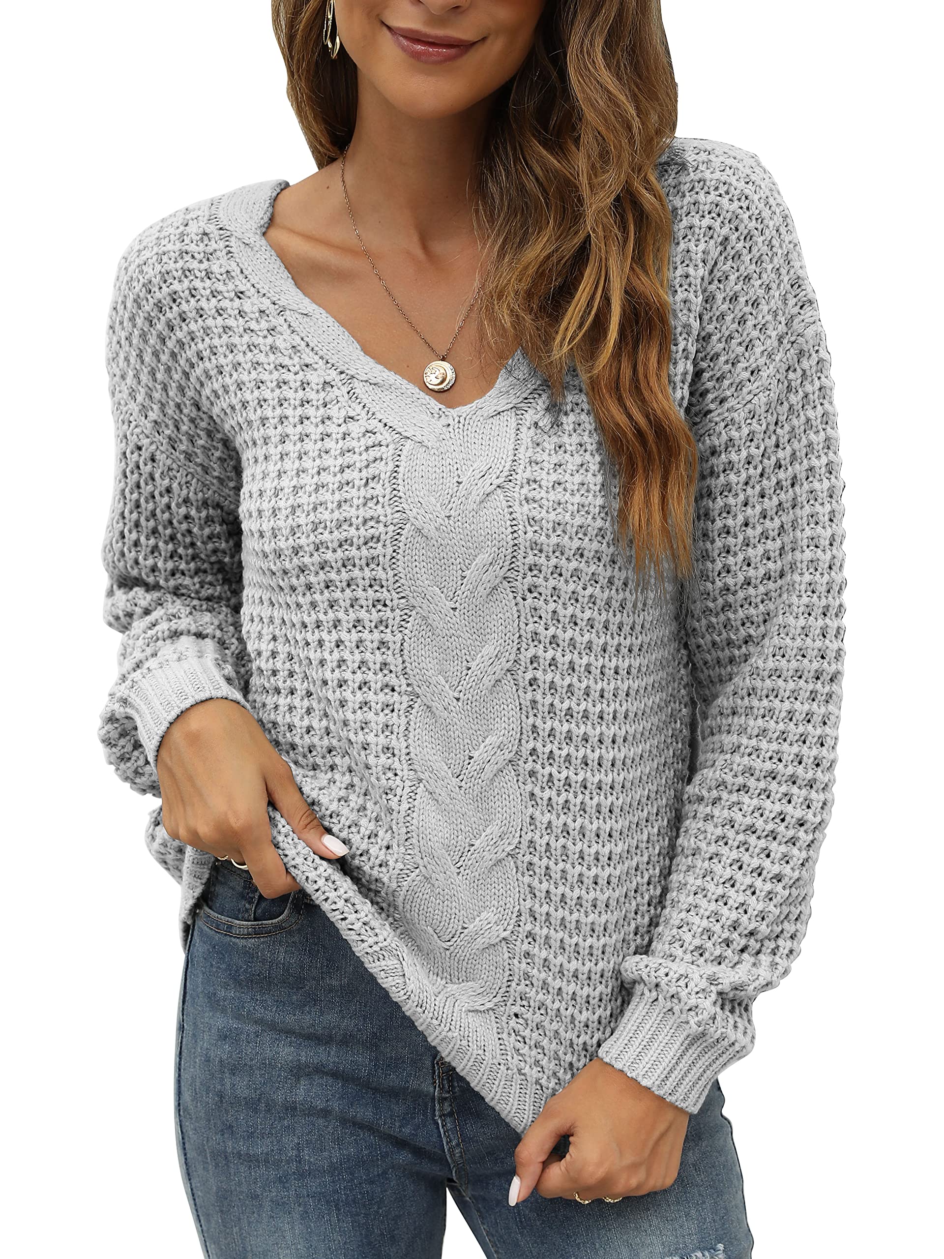 GIBLY Womens Cable Knit V-Neck Loose Sweater Casual Long Sleeve Solid ...