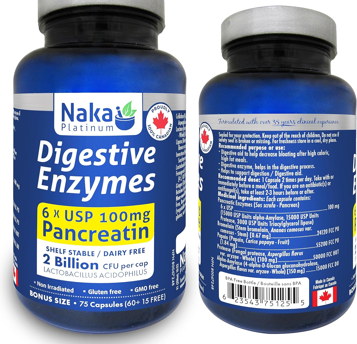 75 caps Naka Platinum Digestive Enzymes, 6 X USP 100mg Pancreatin, 2 ...