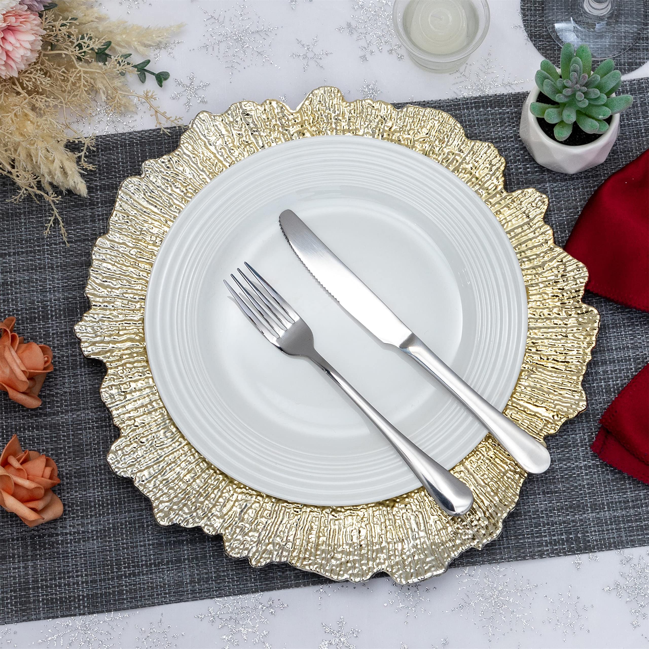 JRHCGH 13’ Gold Plastic Chargers Plates For Dinner,Reef Charger&Service ...