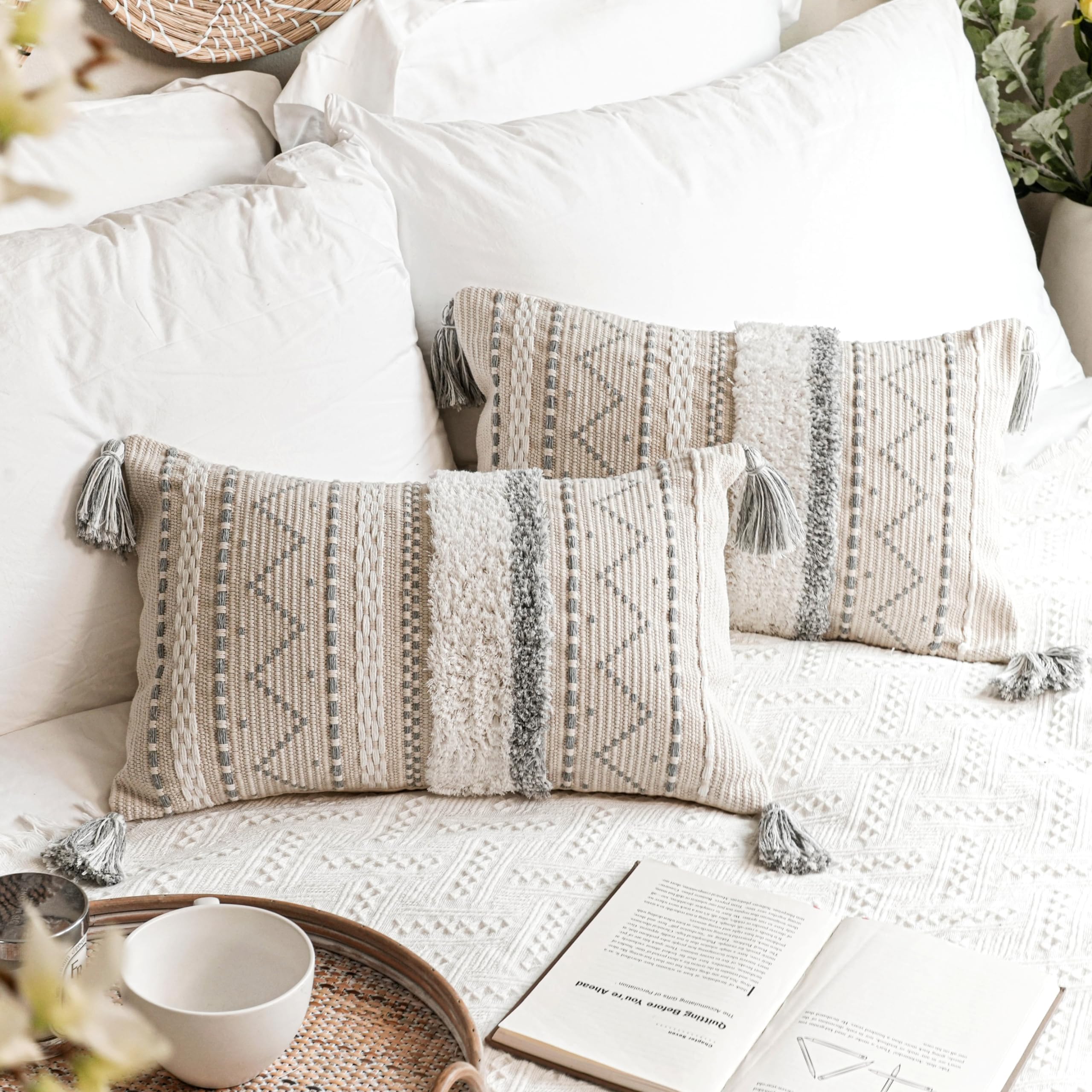 Amazon.com: BlissBlush Gray Boho Lumbar Throw Pillow Cover 14x36 Grey ...