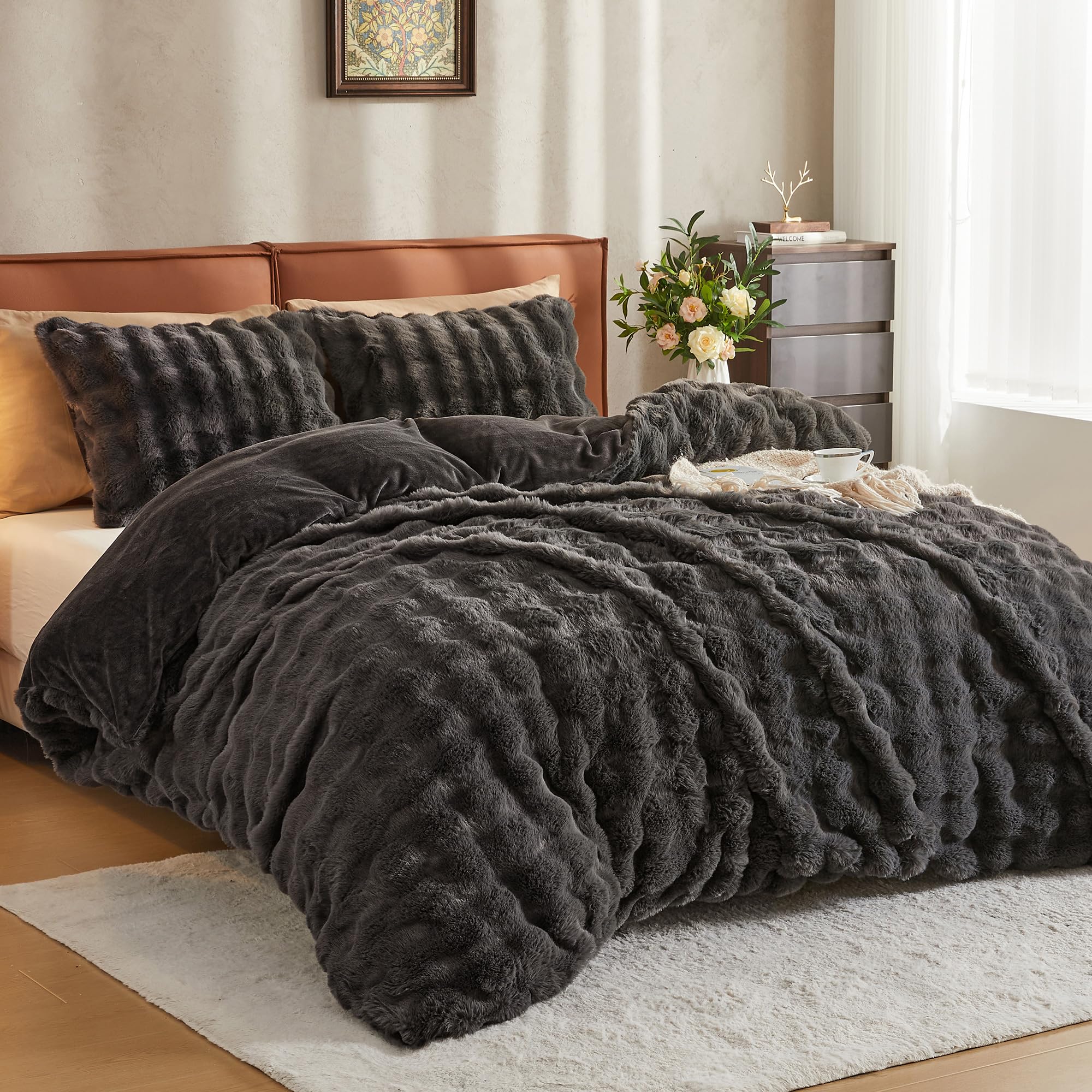 Amazon.com: JELLYMONI Grey Fluffy Duvet Cover Set Queen Size, Luxury ...