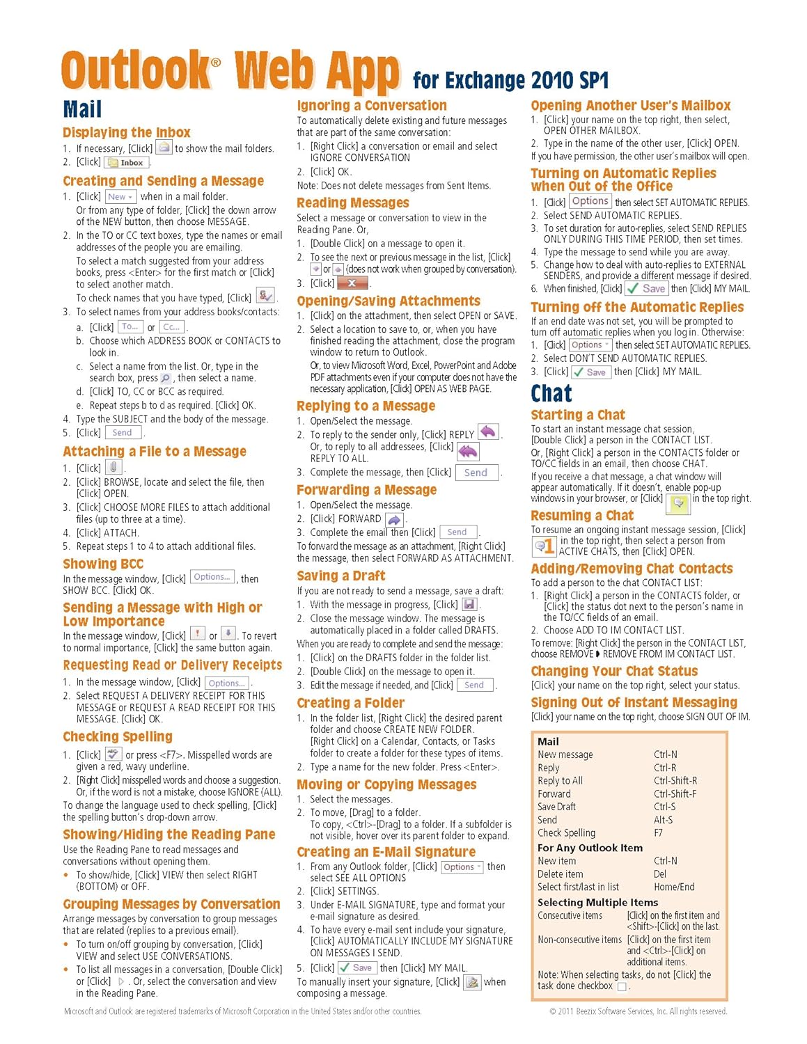 Microsoft Outlook Web App (OWA) for Exchange 2010 SP1 Quick Reference Guide (Cheat Sheet of ...