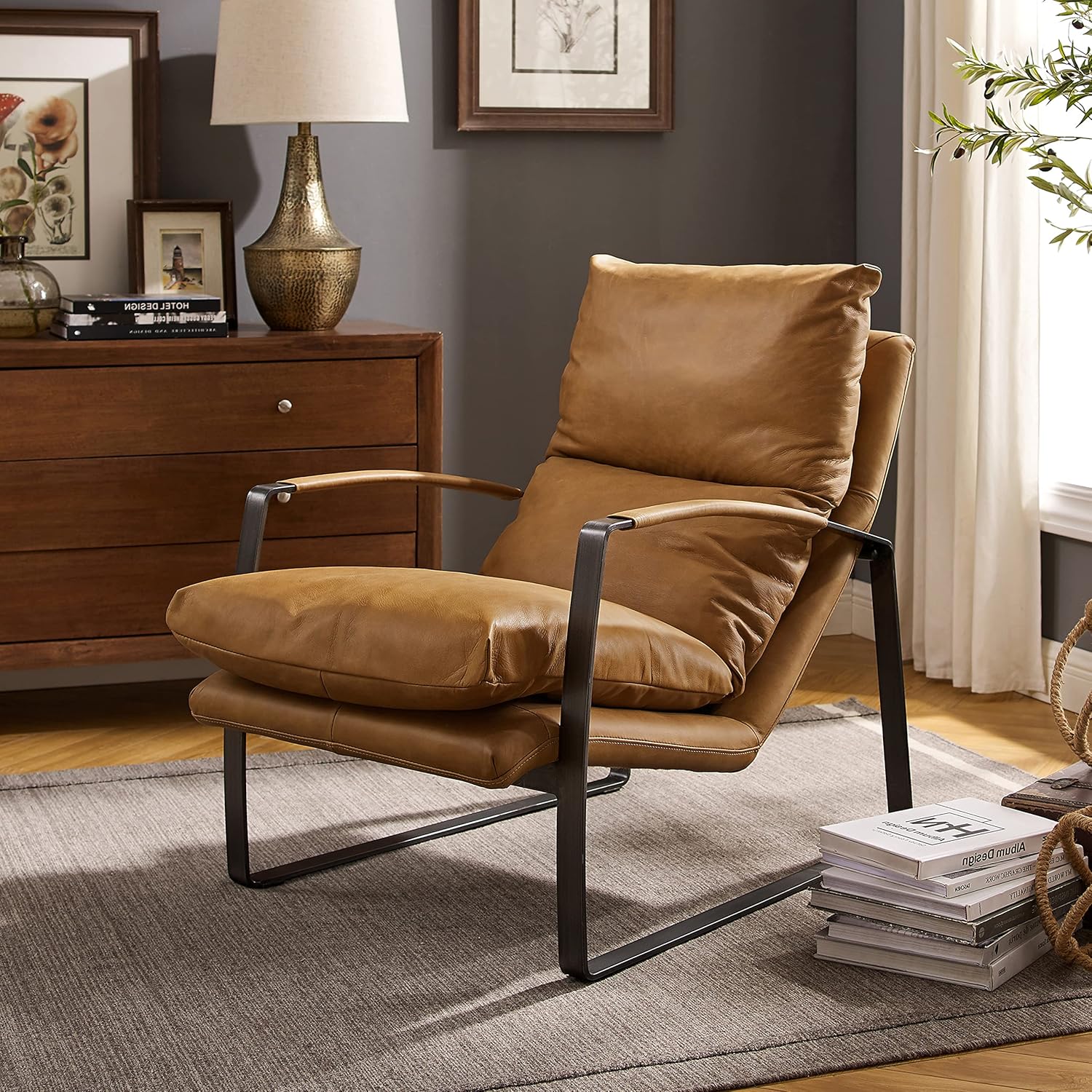 Amazon.com: Art Leon Genuine Leather Accent Chair, Mid Century Modern ...