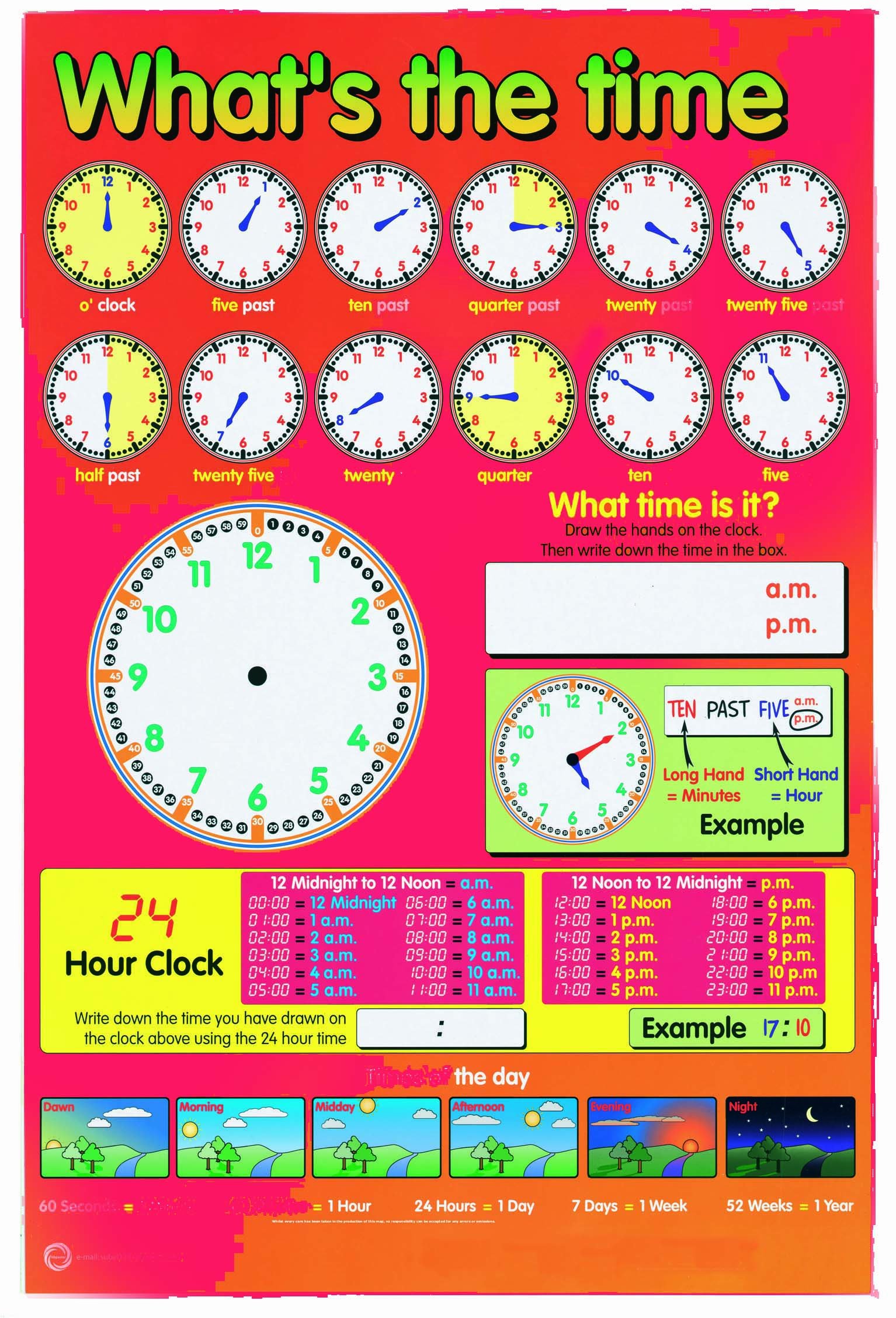 Laminated early learning WHAT'S THE TIME tell the time clocks math ...