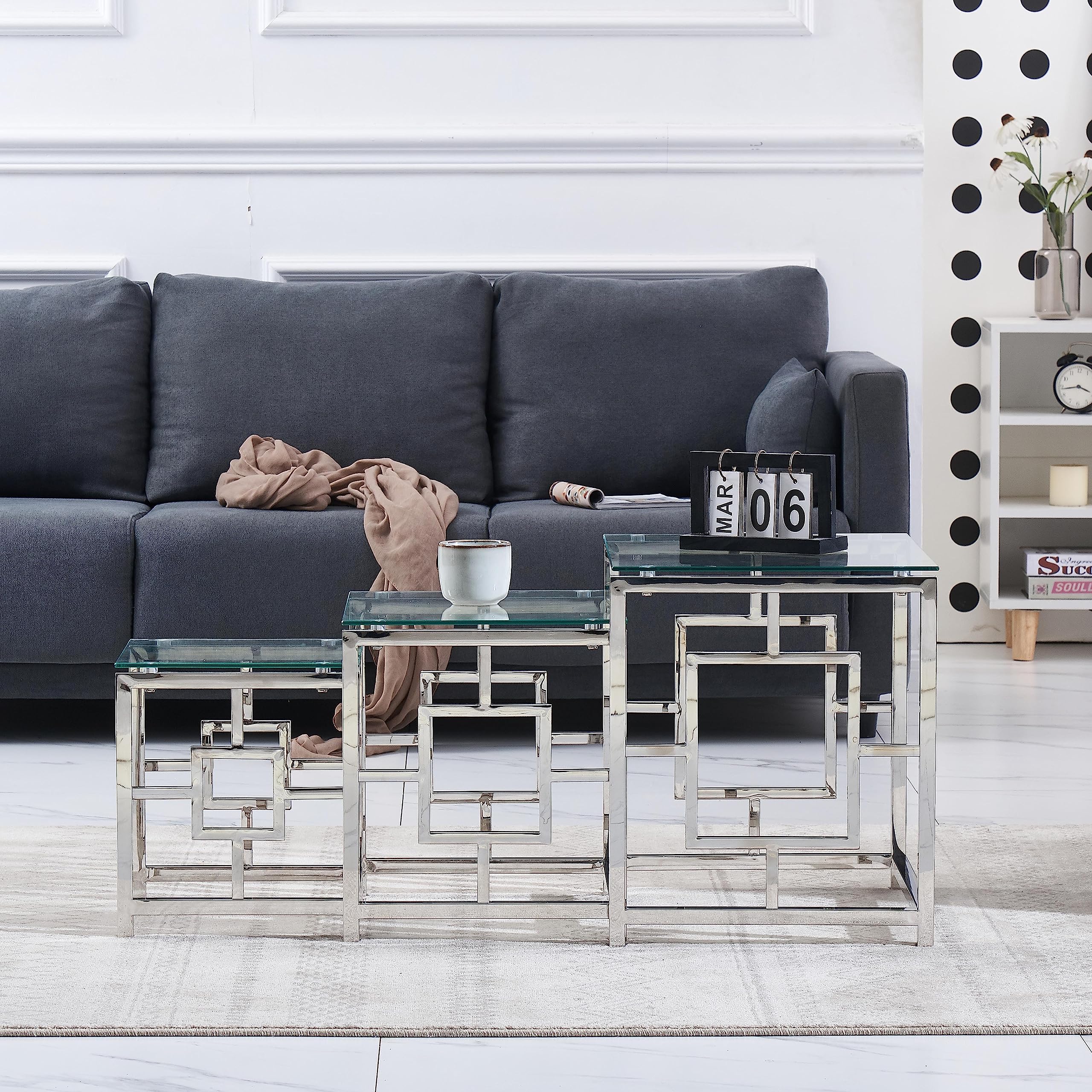 Amazon.com: YAINITURE Nesting Table Set of 3 Glass Coffee Tables for ...