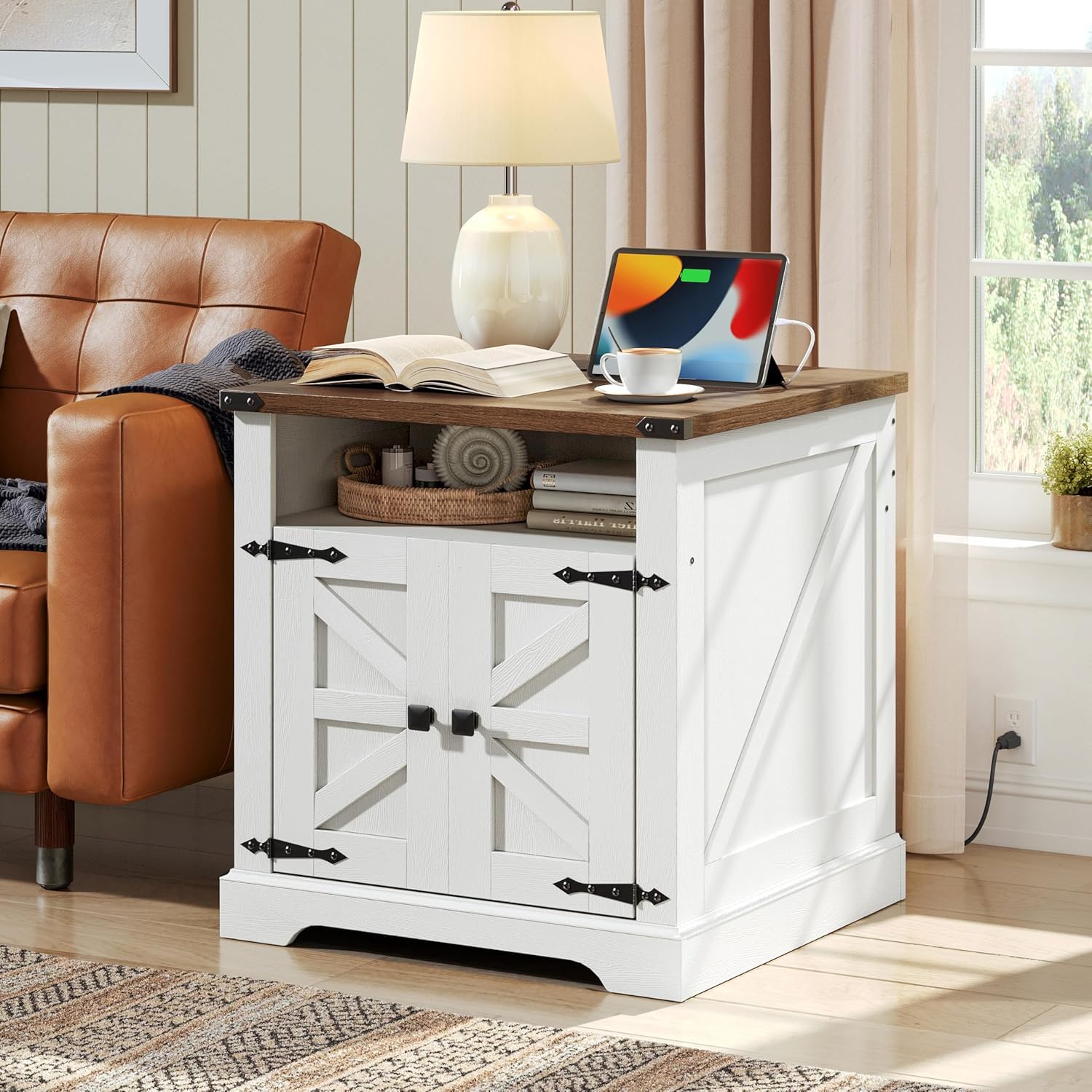 Amazon.com: HOOBRO Farmhouse End Table with Charging Station, 23.6 ...