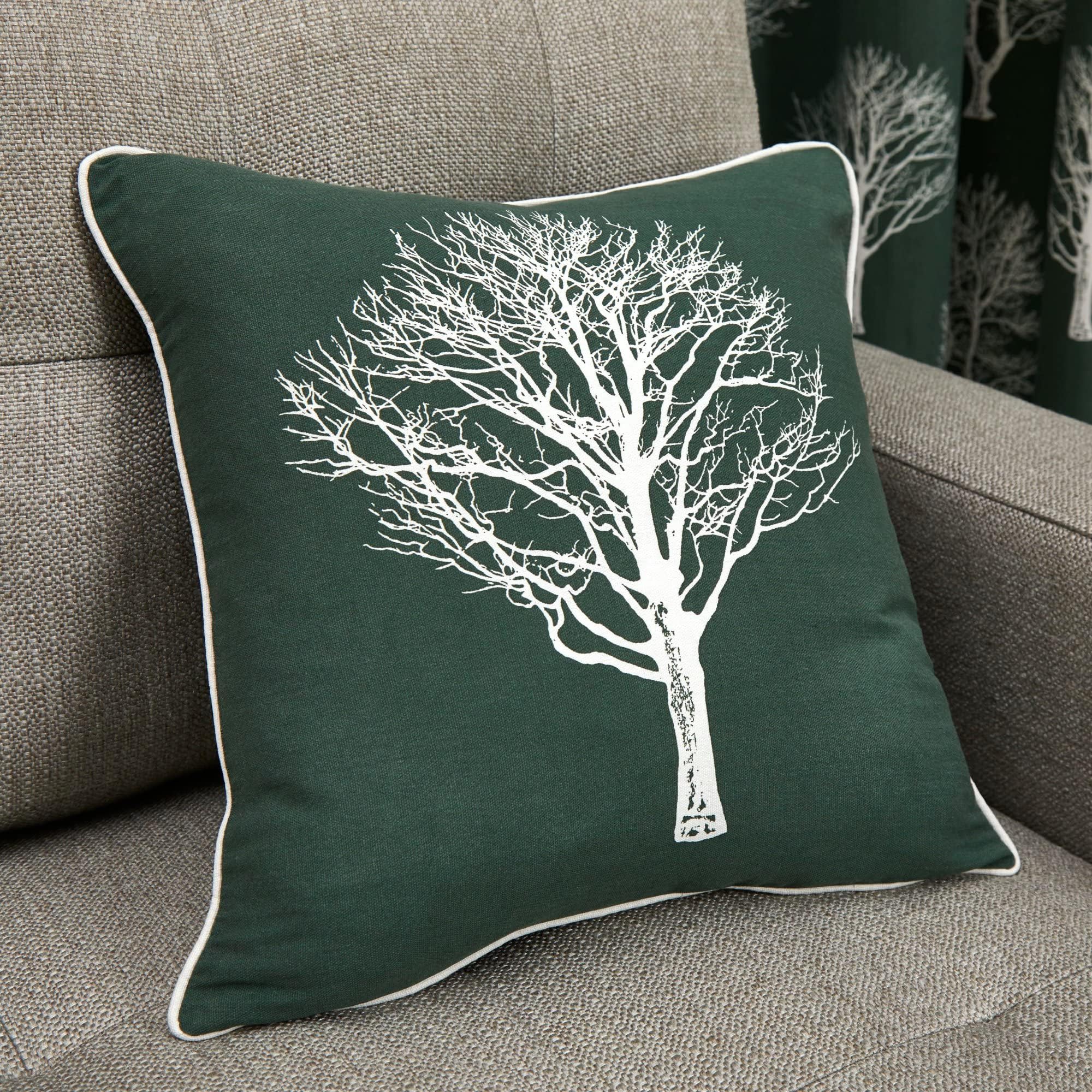 2 X Forest Trees Duck Egg Blue White 100% Cotton Piped Cushion Cover 17 ...