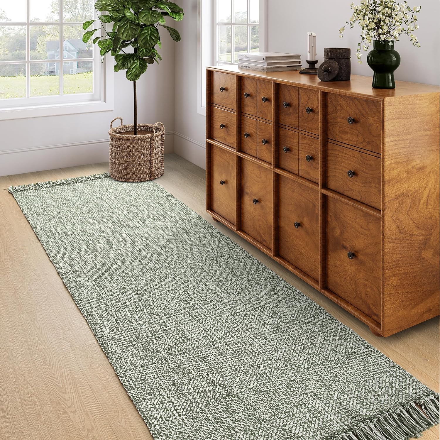 Collive Long Hallway Runner - Olive Green/Cream Braided Woven Kitchen ...
