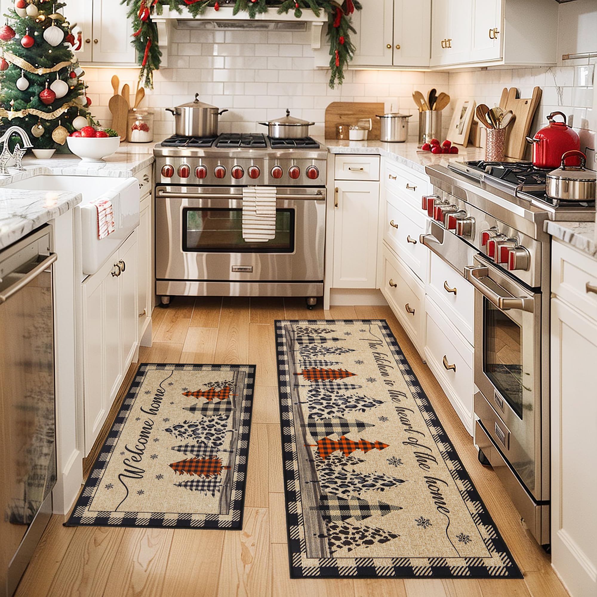 Christmas Kitchen Mats Buffalo Plaid Set of 2, Merry Christmas Rugs ...
