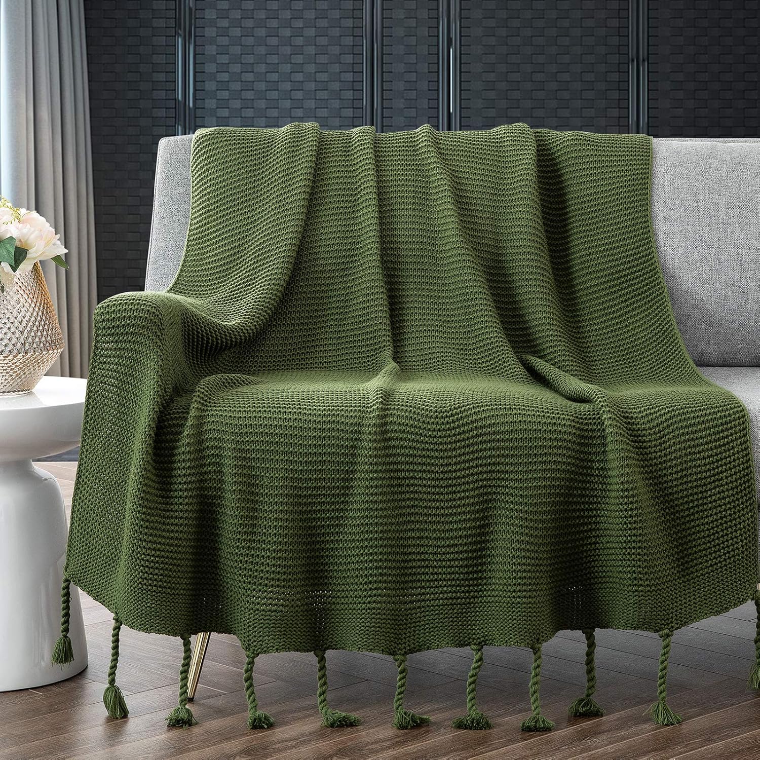 Amazon.com: RUDONG M Knitted Throw Blanket with Fringe, Forest Green ...