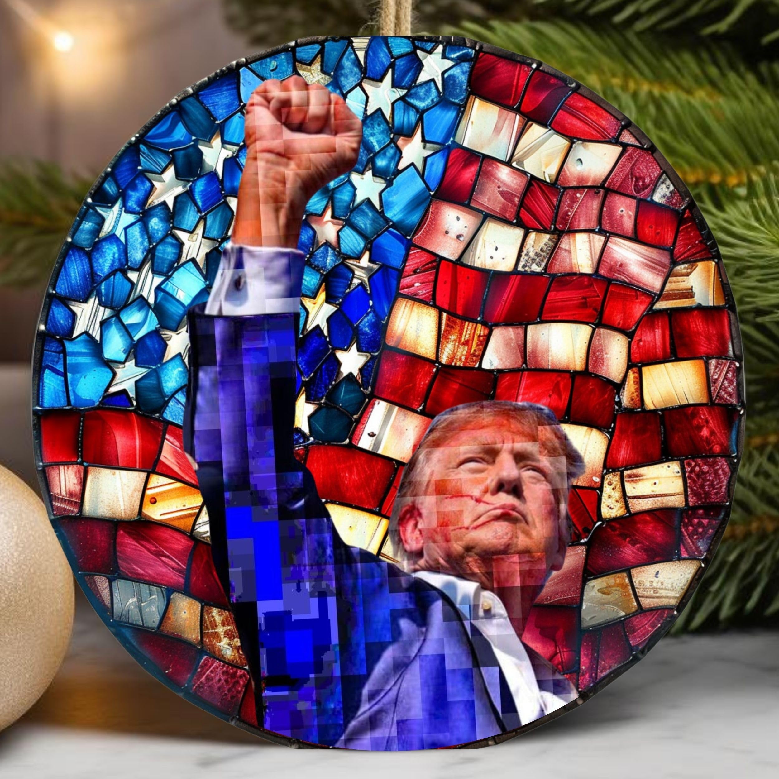 Amazon.com: Trump with Raised Fist Stained Glass Christmas Ornament ...