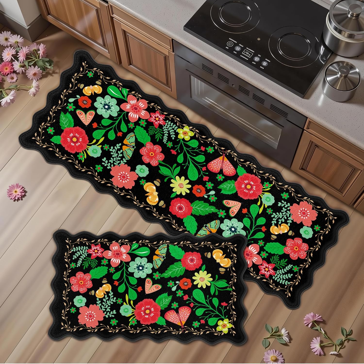 Amazon.com: Arenarug Scalloped Black Kitchen Mats for Floor 2PC ...