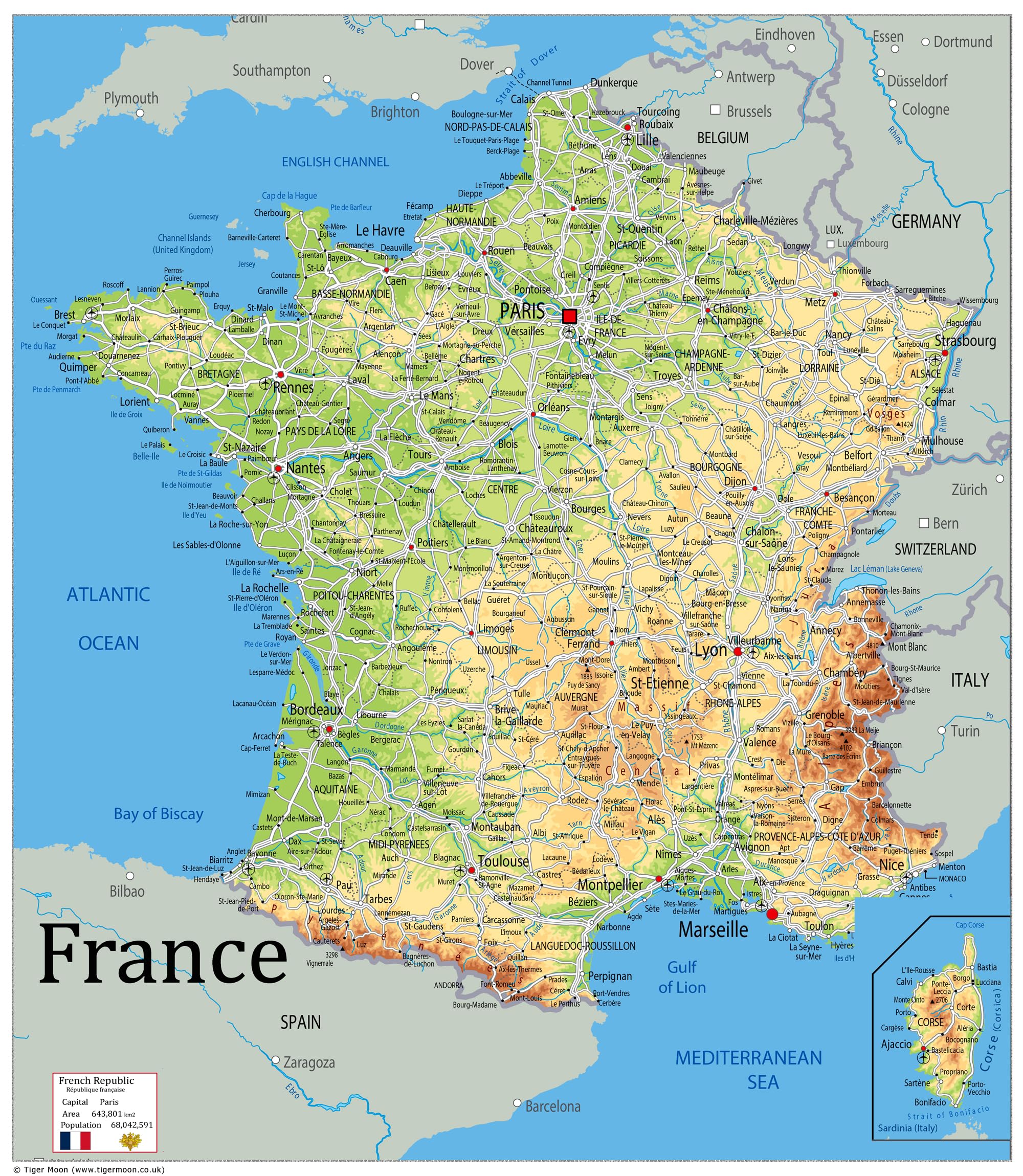Physical Map of France - The Oxford Collection - Size 59.4 x 51.6 cm ...