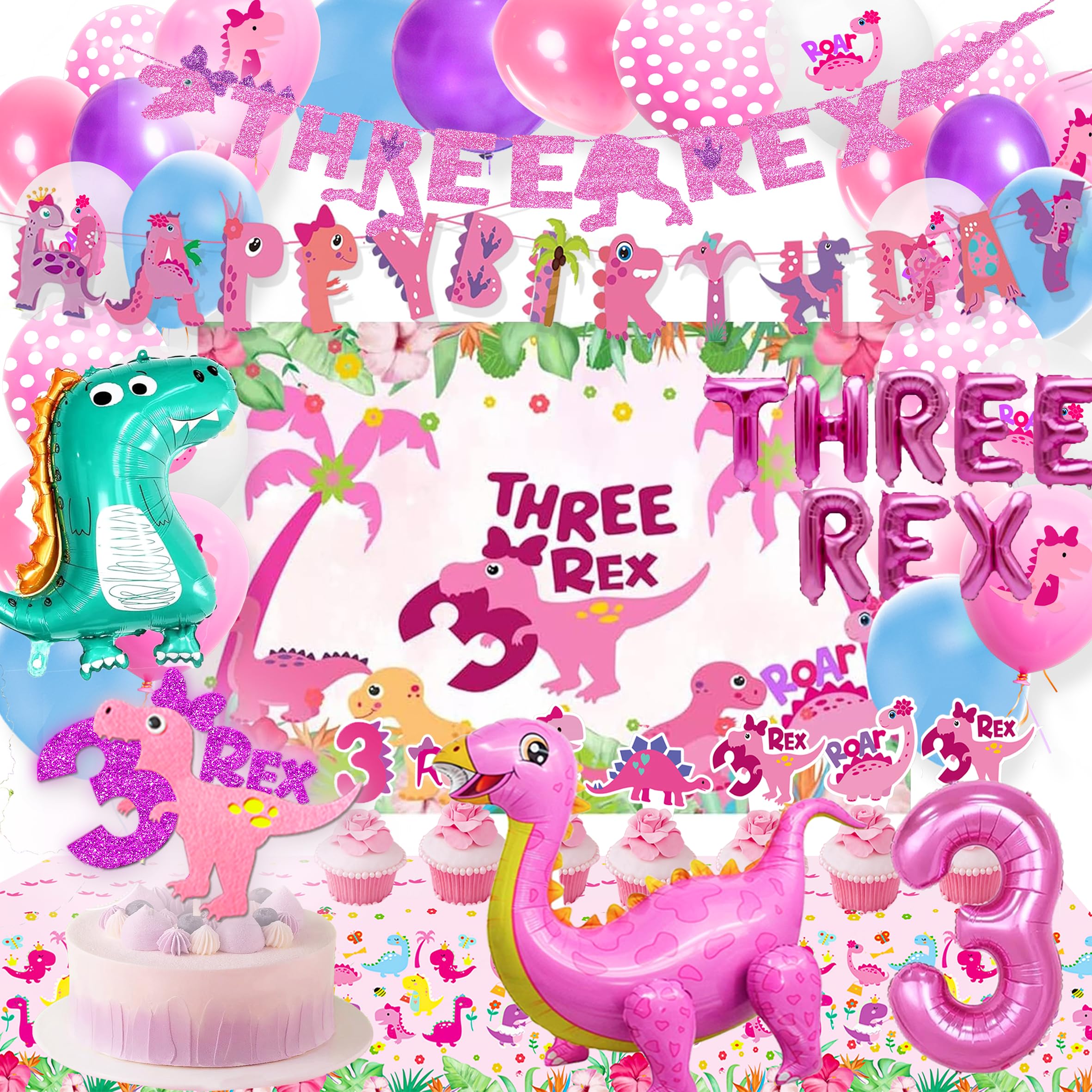 Amazon.com: Three Dino Rex birthday party decorations girl, 3 Rex Girls ...