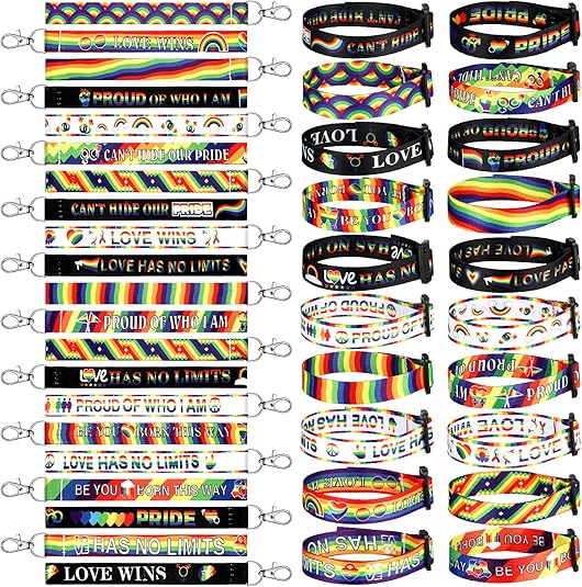 Amazon.com: Ecally 200 Pcs Rainbow Pride Wristlet Keychains Bulk Gay ...
